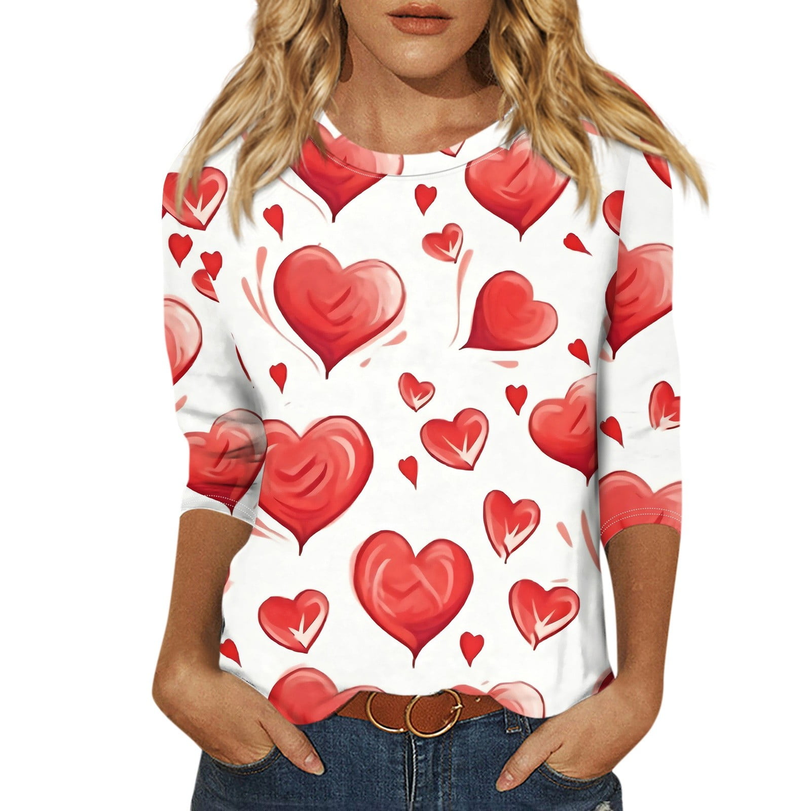 BDPORKAS Valentines Day Shirts Women 3/4 Sleeve Tops Graphic Print Heart Tshirts Plus Size Crew ...