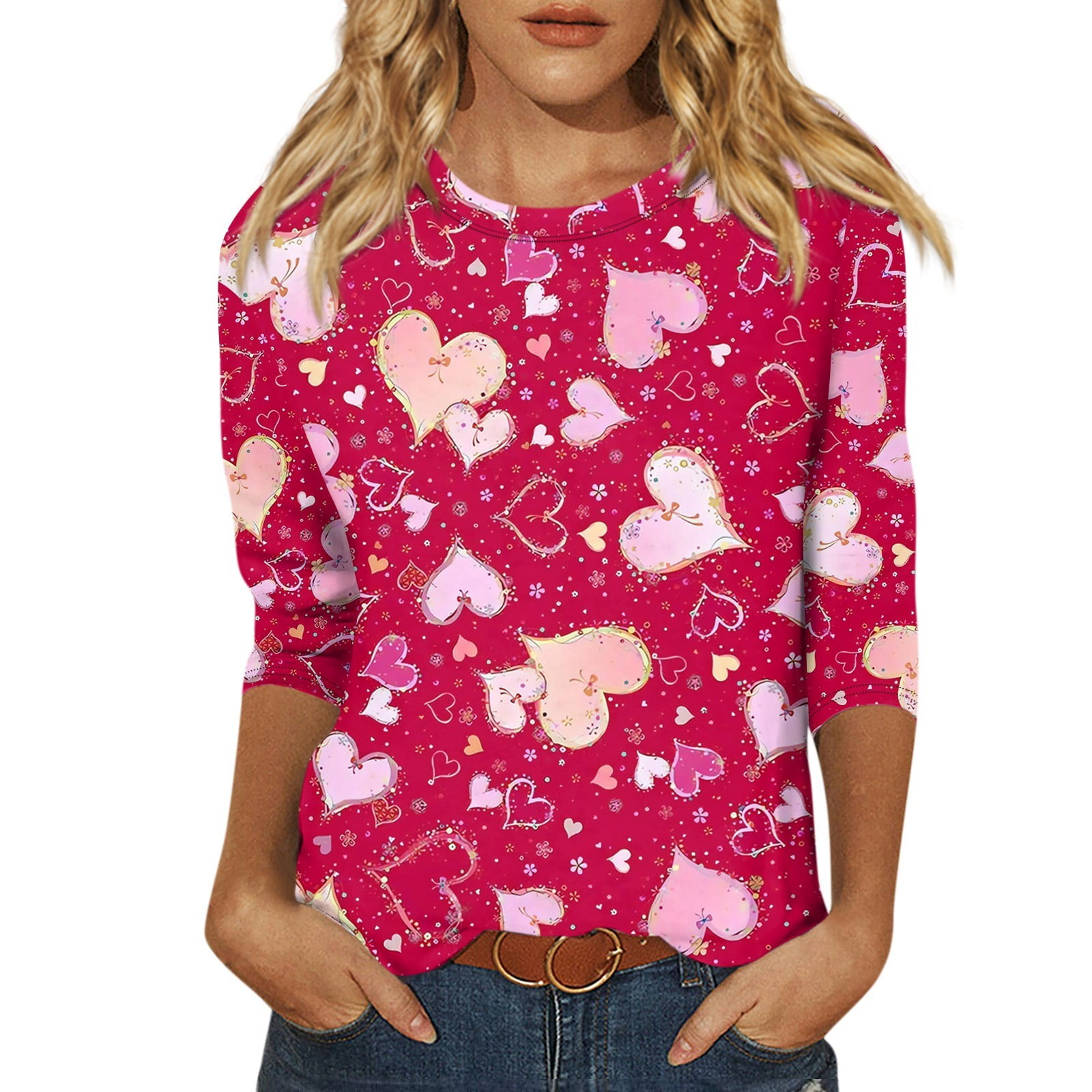 BDPORKAS Valentines Day Shirts Women 3/4 Sleeve Tops Graphic Print Heart Tshirts Spring Fashion ...