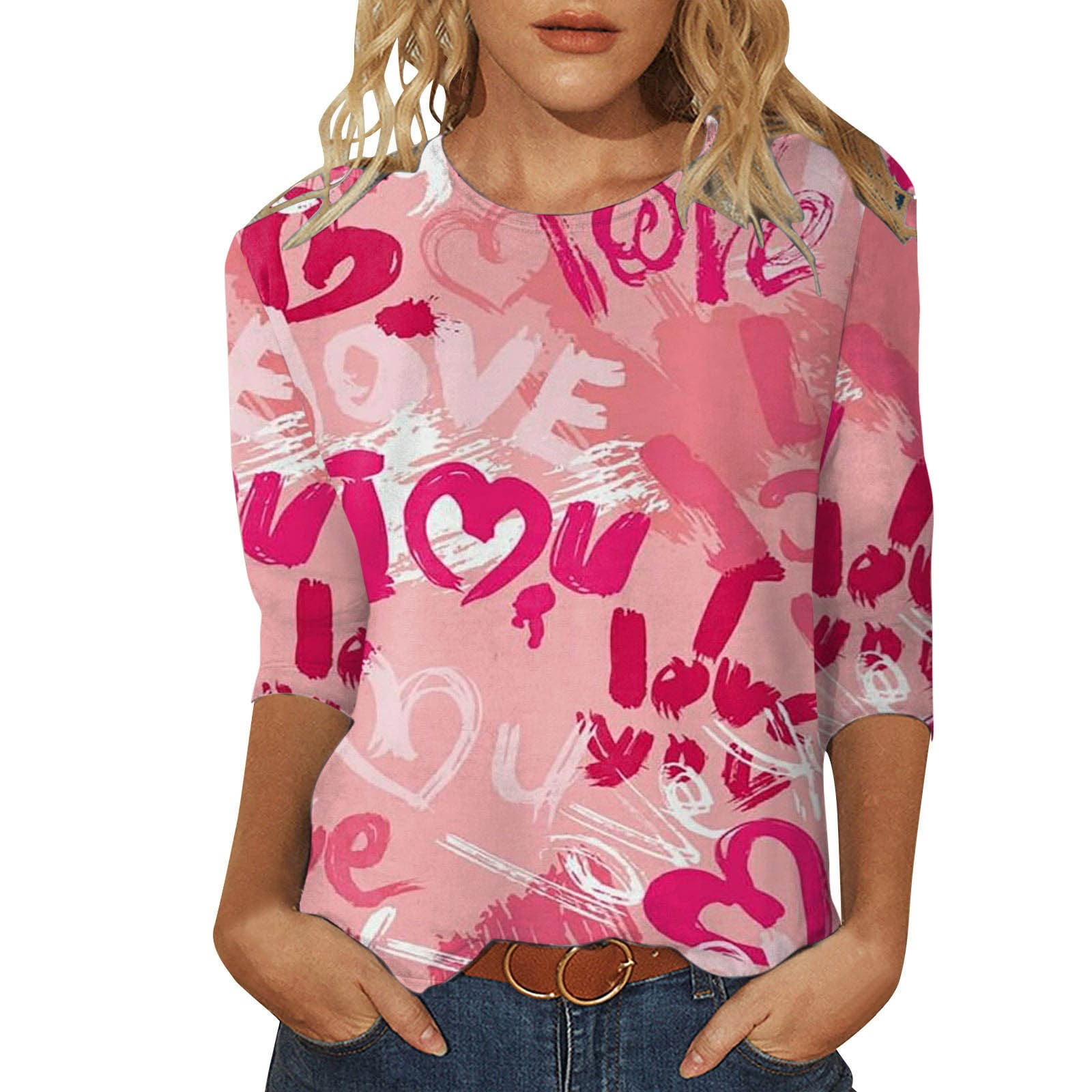 BDPORKAS Valentines Day Shirts Women Love Heart Graphic 3/4 Sleeve T Shirts for Women Crewneck ...