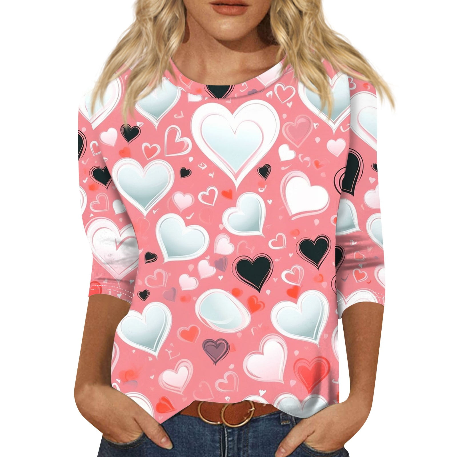 BDPORKAS Valentines Tops for Women 3/4 Sleeve Cute Heart Print Valentines Day Shirts Women ...