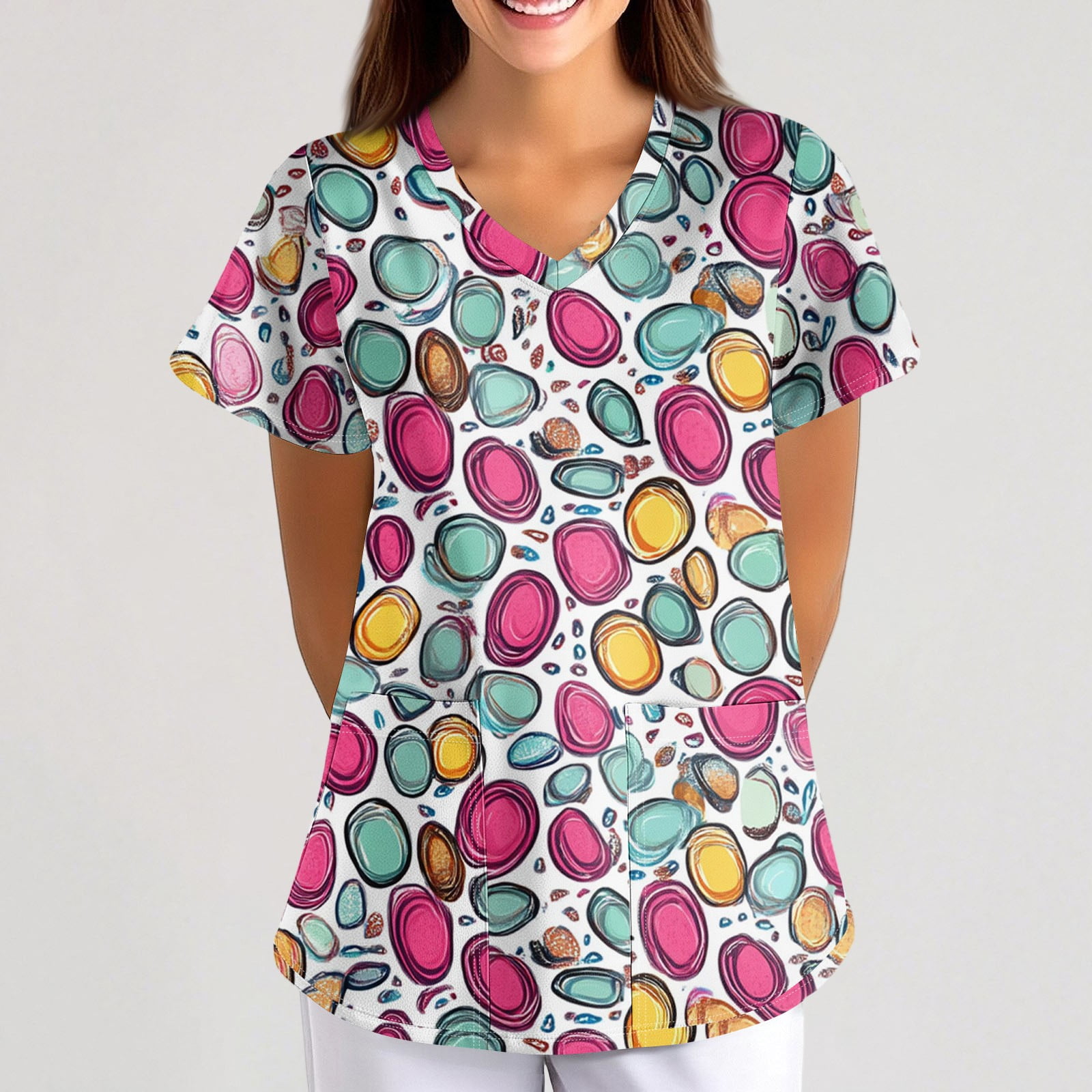 BDPORKAS Women Scrubs Nurse Uniforms Stretch Short Sleeve with Pockets ...