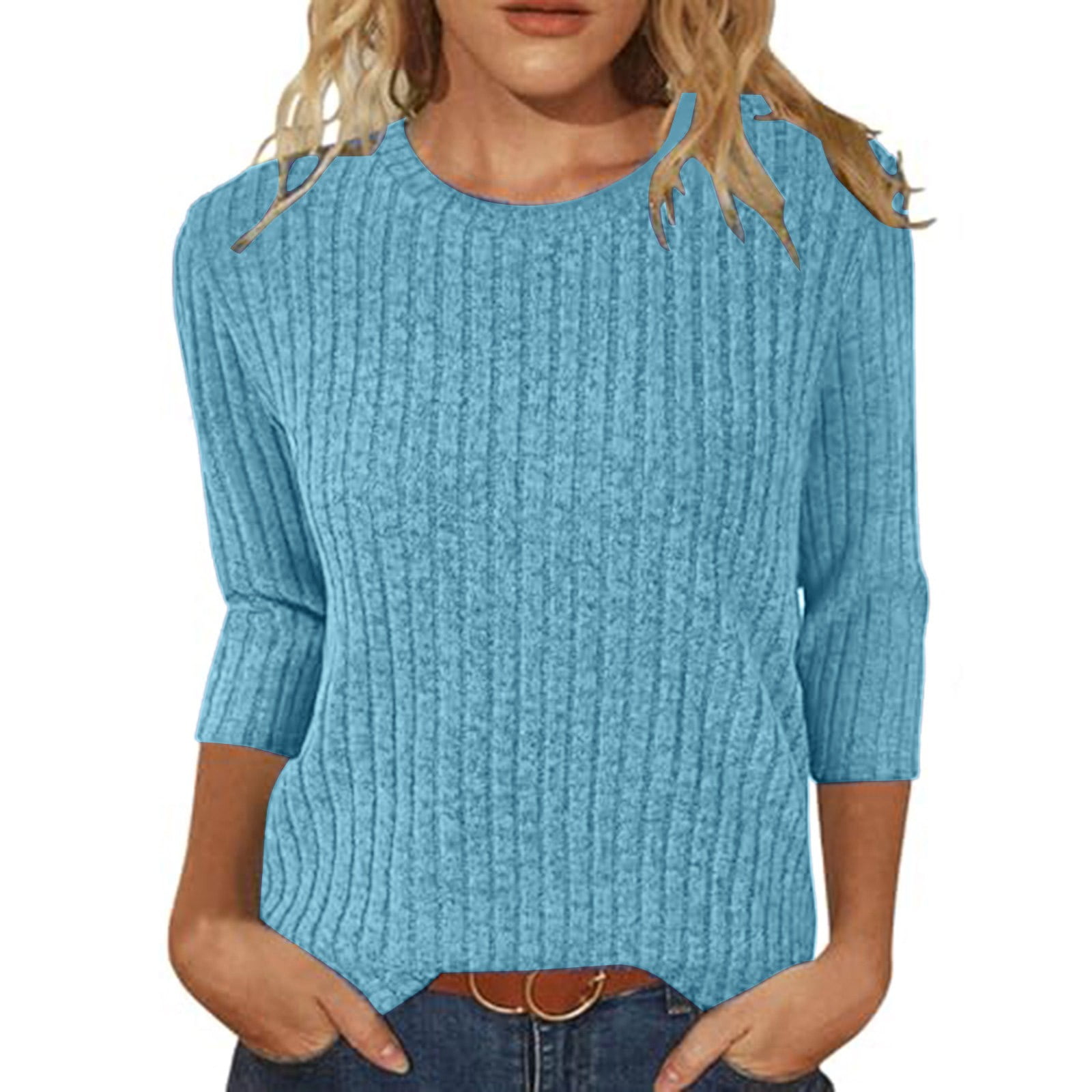 BDPORKAS Women's Casual Sweater 3/4 Sleeve Solid Knitwear Top Round ...