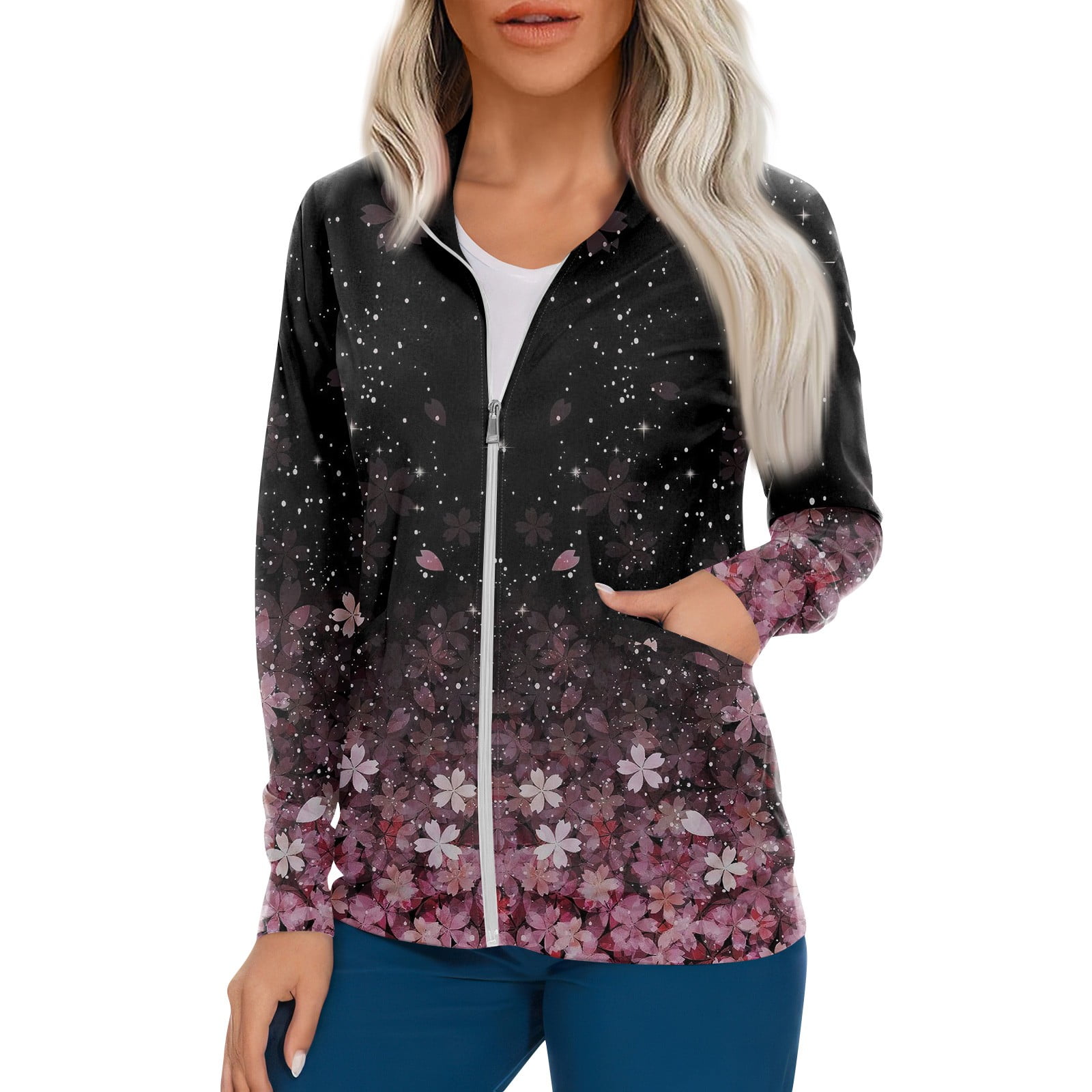 BDPORKAS Women's Comfort Fit Long Sleeve Full-Zip Scrubs Bomber Jacket ...