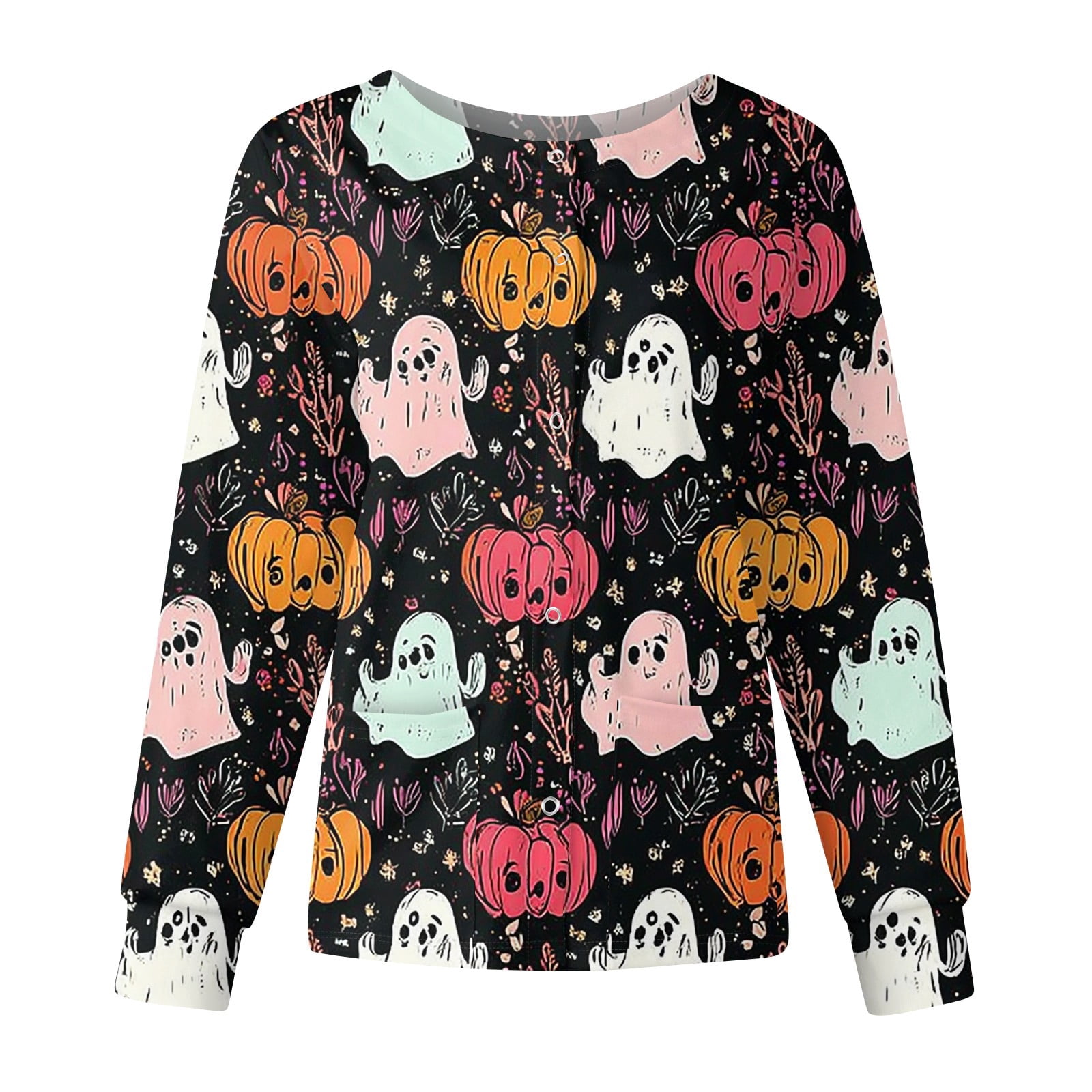 BDPORKAS Women's Halloween Scrub Jacket Long Sleeve Pumpkin Halloween ...