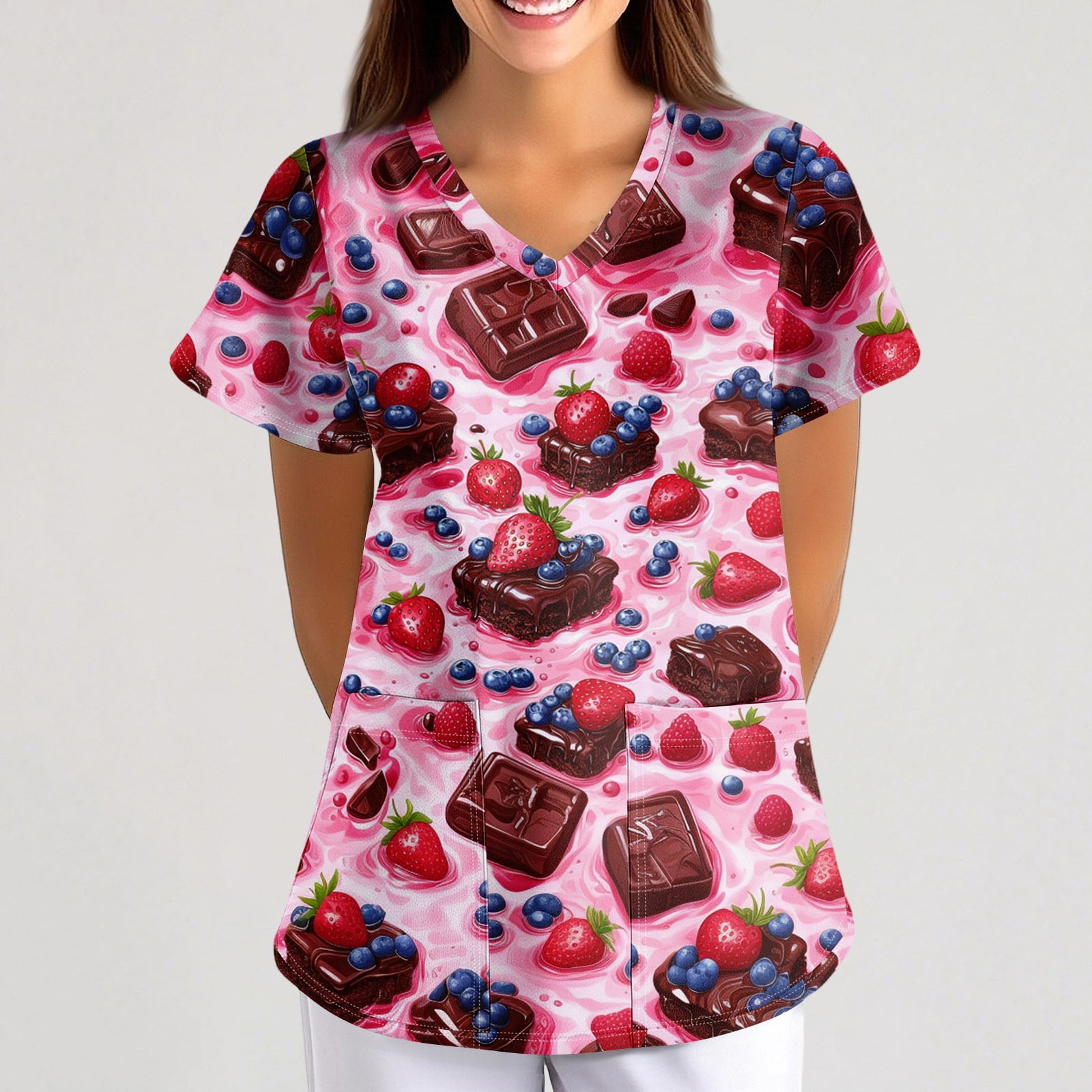 BDPORKAS Women's Nursing Uniform Cute Cat Print Scrub Tops Summer Short ...