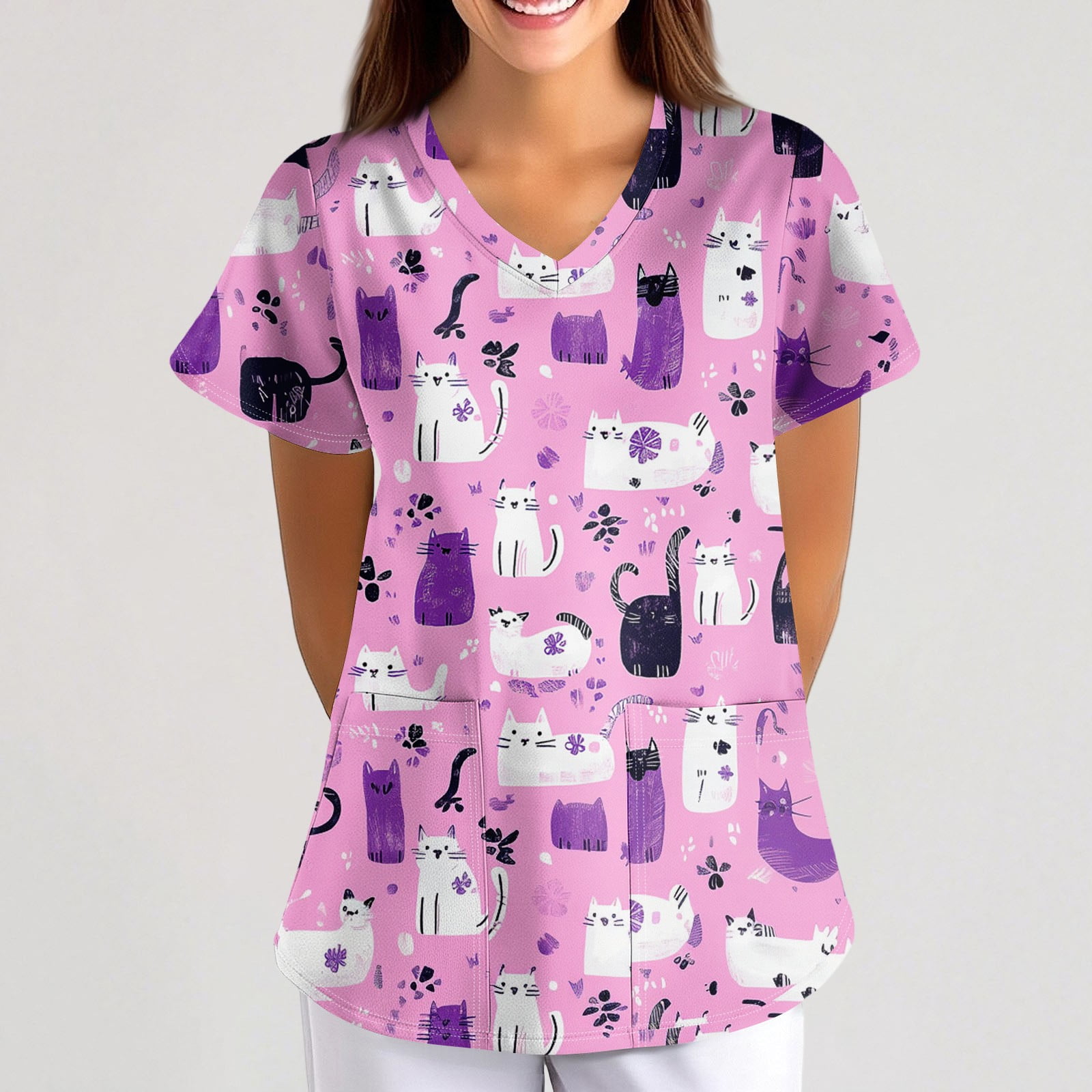 BDPORKAS Women's Nursing Uniform Cute Cat Print Scrub Tops Summer Short ...
