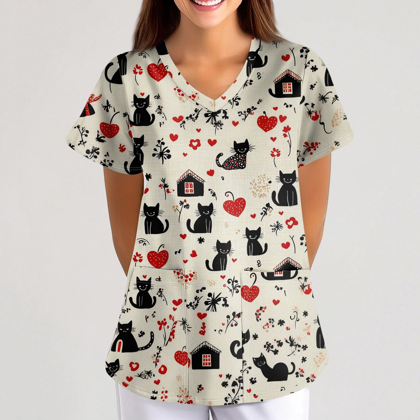 BDPORKAS Women's Nursing Uniform Cute Cat Print Scrub Tops Summer Short ...