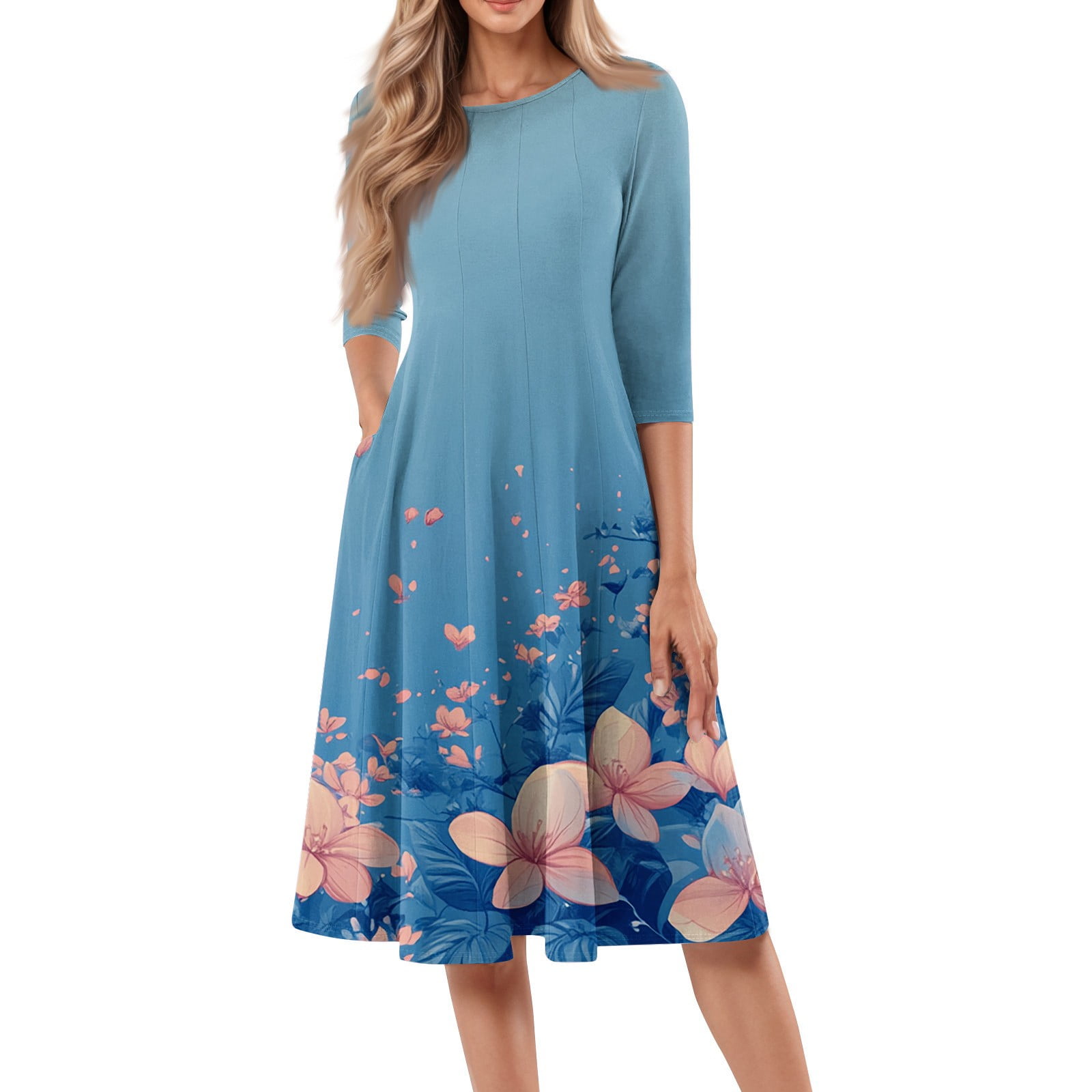 BDPORKAS Women's Printed Midi Dress A Line Dresses for Women 3/4 Sleeve ...