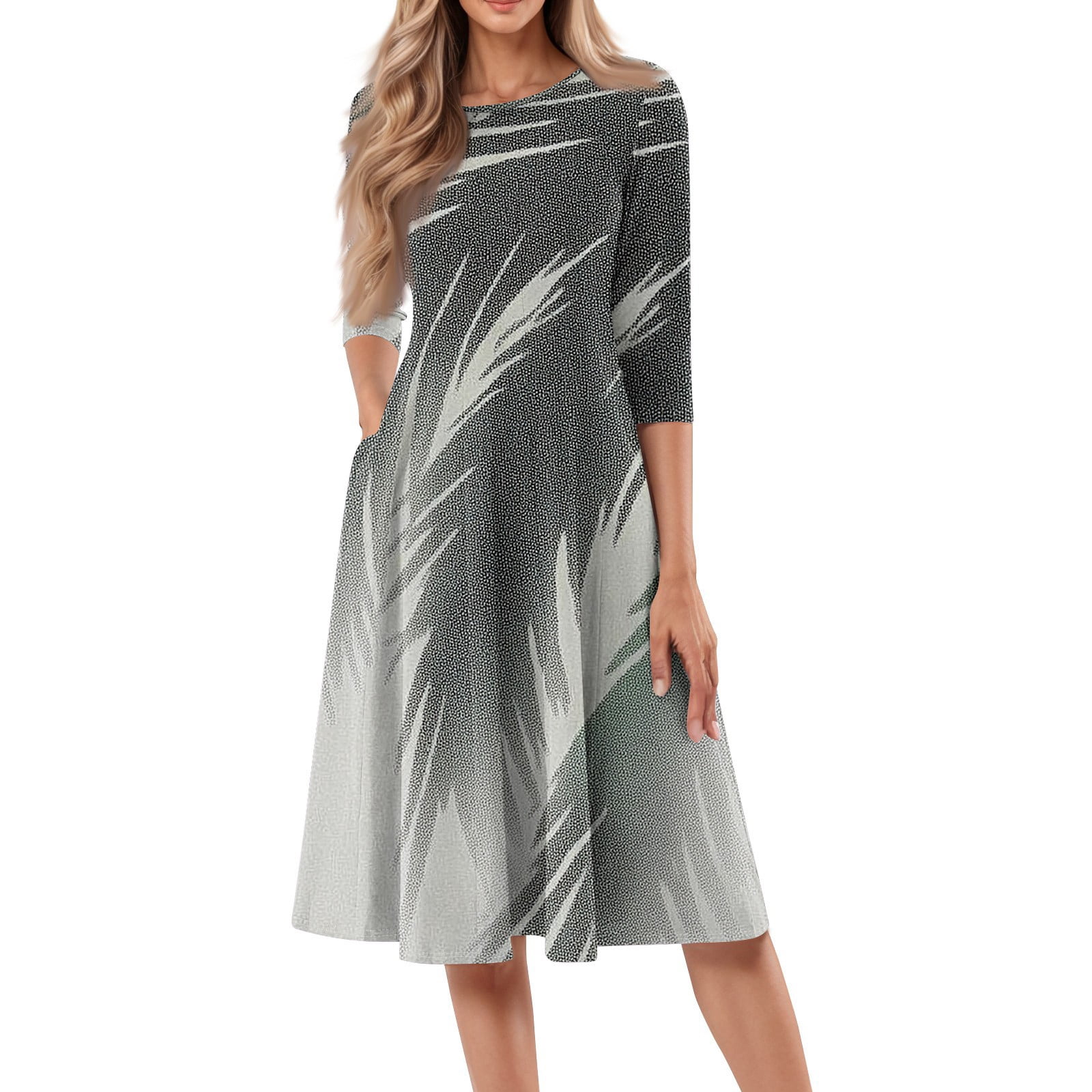 BDPORKAS Women's Printed Midi Dress A Line Dresses for Women 3/4 Sleeve ...