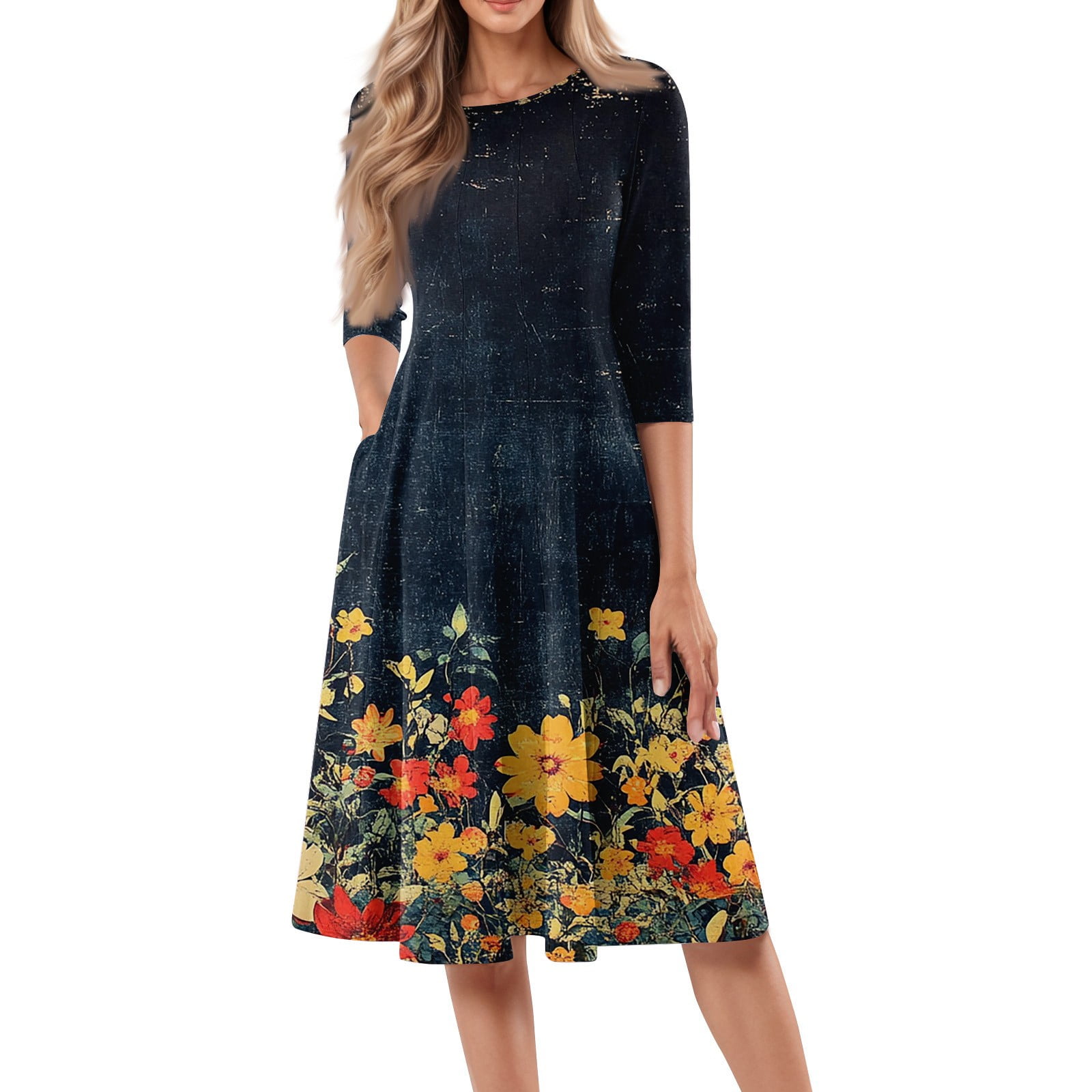 BDPORKAS Women's Round Neck 3/4 Sleeve A-line Casual Tshirt Dress Tunic ...
