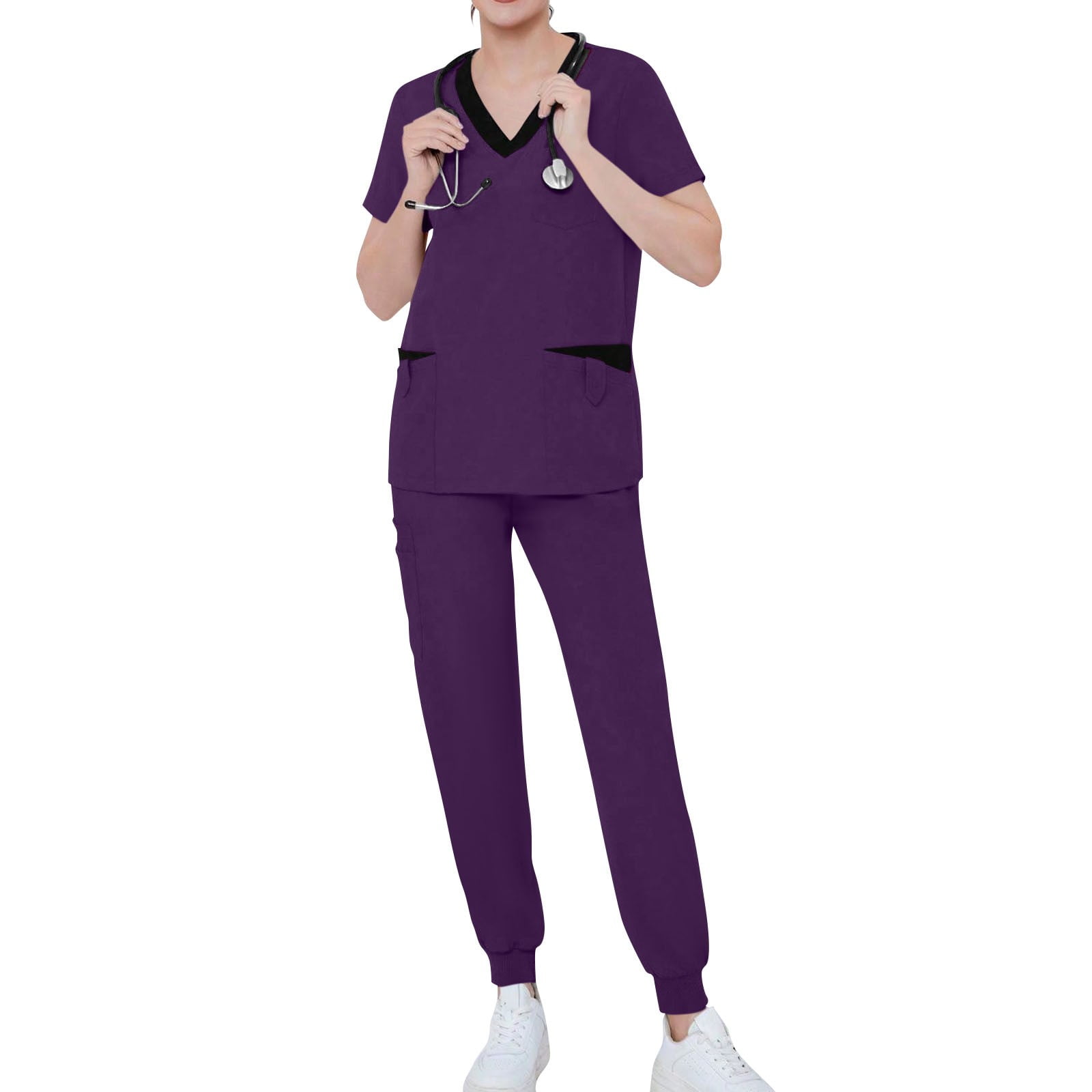 BDPORKAS Women's Stretch V-Neck Scrubs Set,Multi Pocket Short Sleeve ...