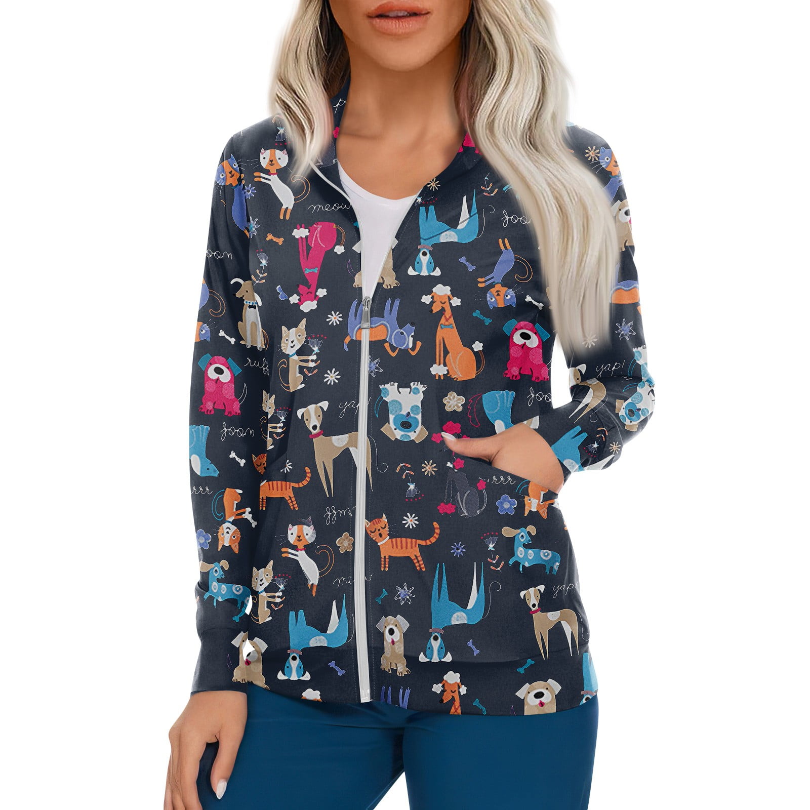 BDPORKAS Women's Ultra Soft Stretch Zip Up Scrub Jacket Floral Print ...
