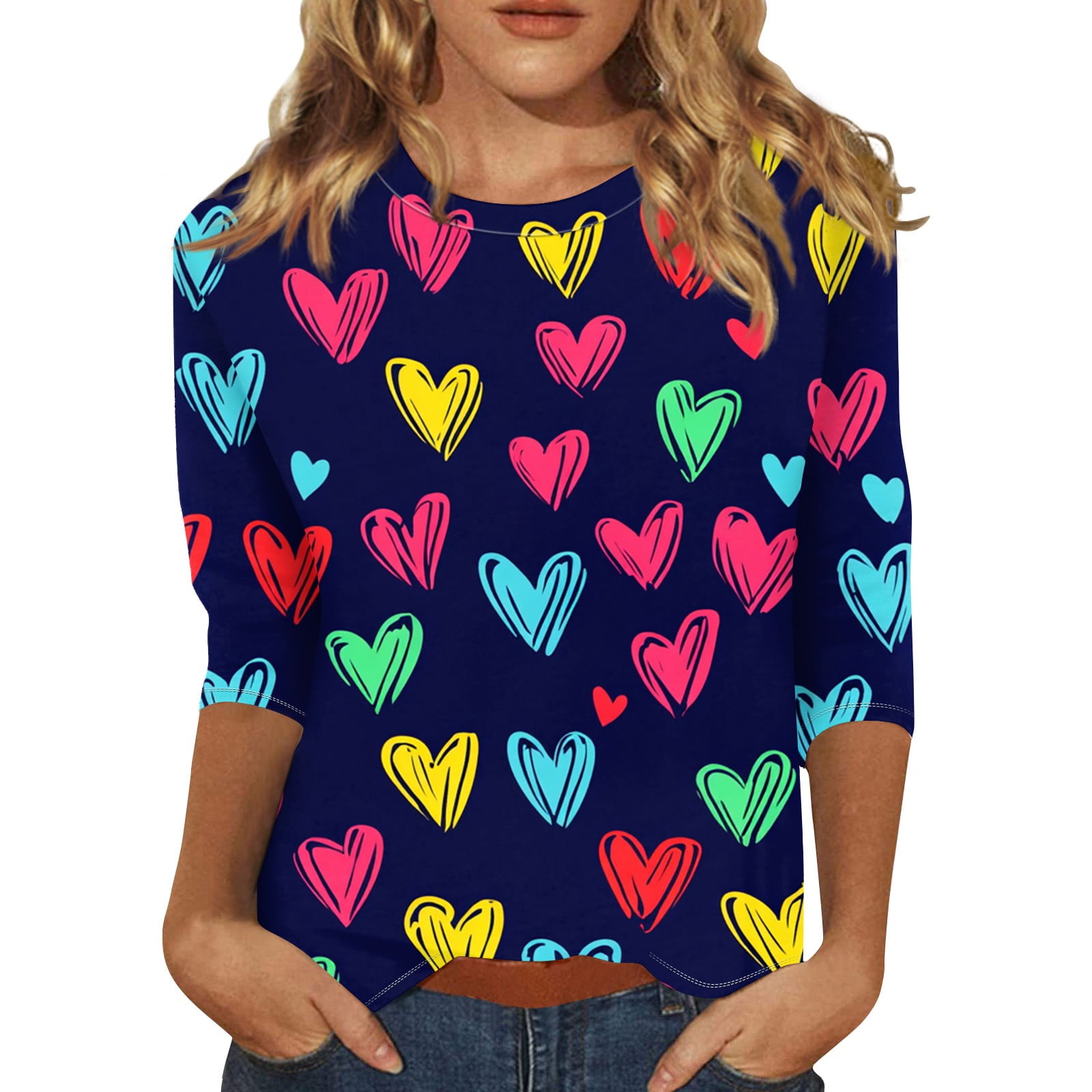 BDPORKAS Women's Valentine's Day Shirt 3/4 Length Sleeve Womens Tops Graphic Print Heart Tshirts ...