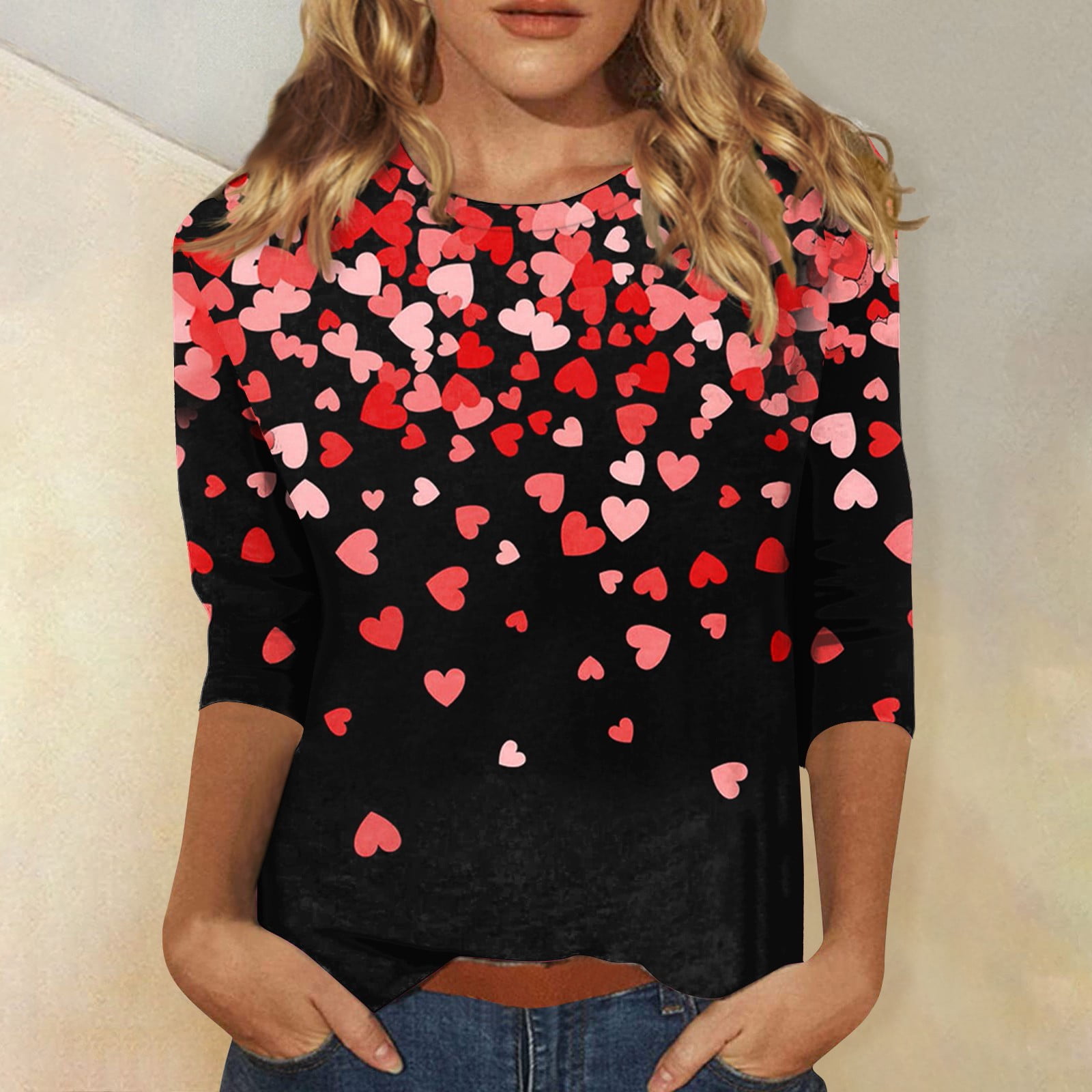 BDPORKAS Women's Valentine's Day Shirt Round Neck 3/4 Sleeve Valentines Day Tshirts Graphic ...