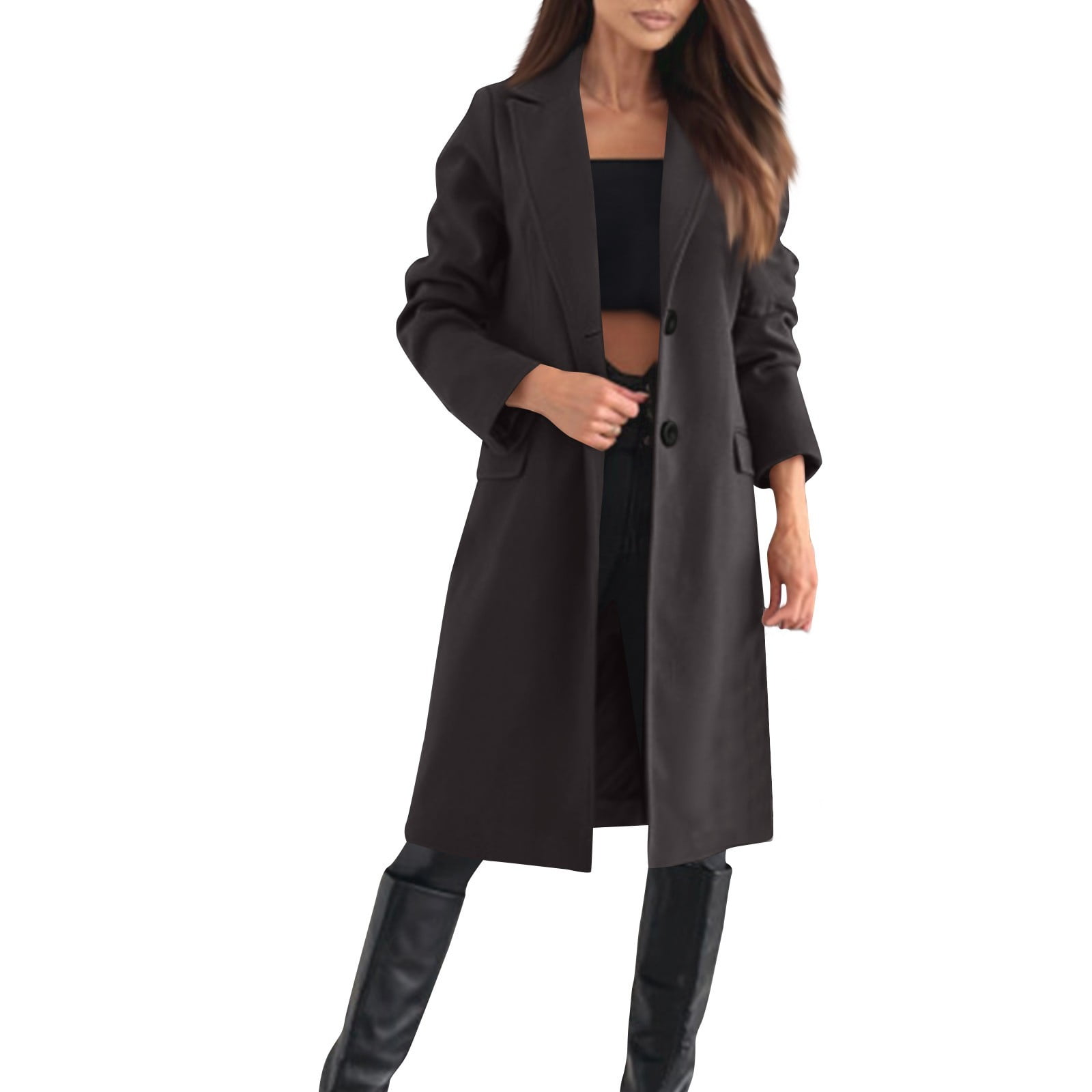 BDPORKAS Women's Winter Oversize Single-Breasted Mid Length Coats Notch ...