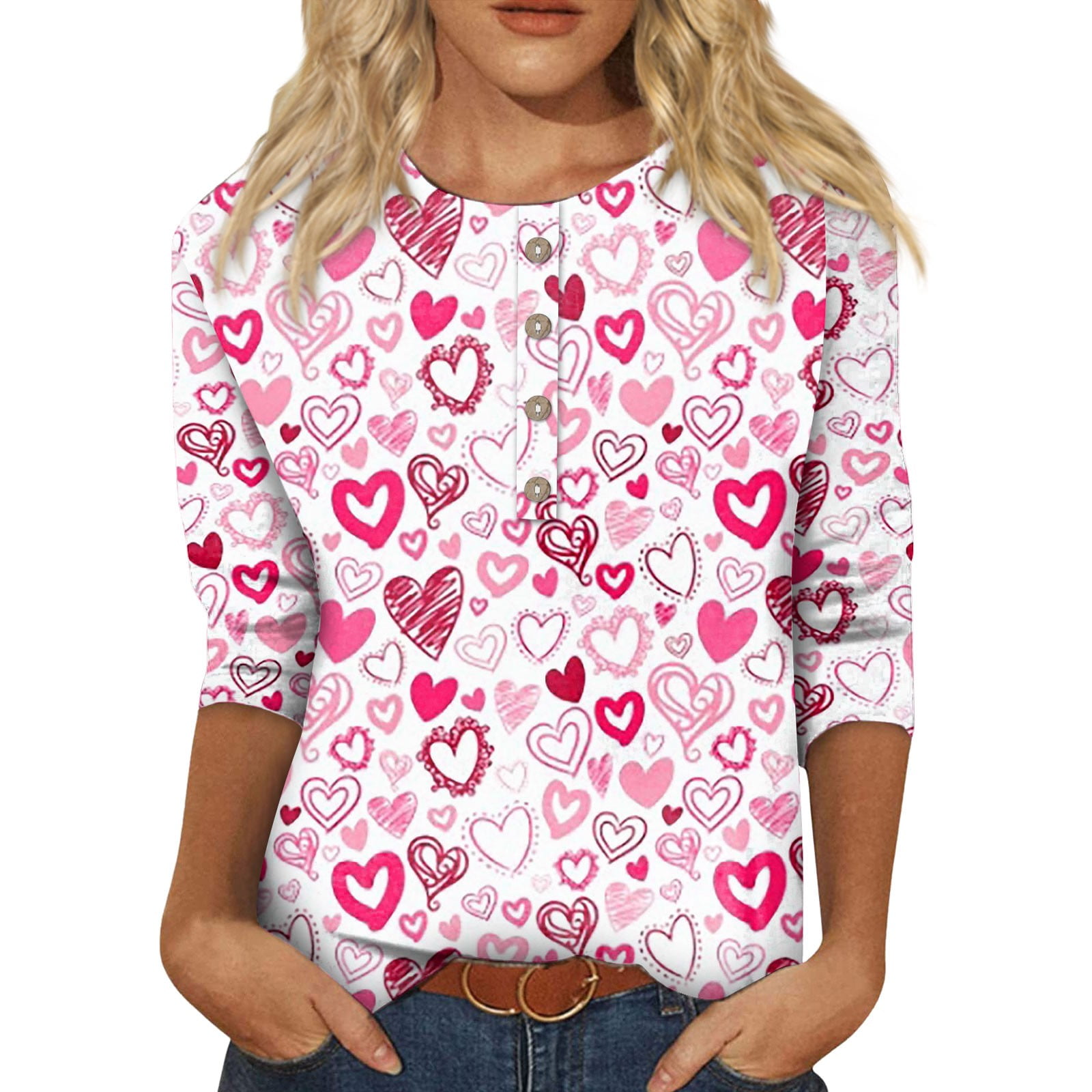 BDPORKAS Womens 3/4 Sleeve Tops Dressy Casual Valentines Day Shirts Women Plus Size Crew Neck ...