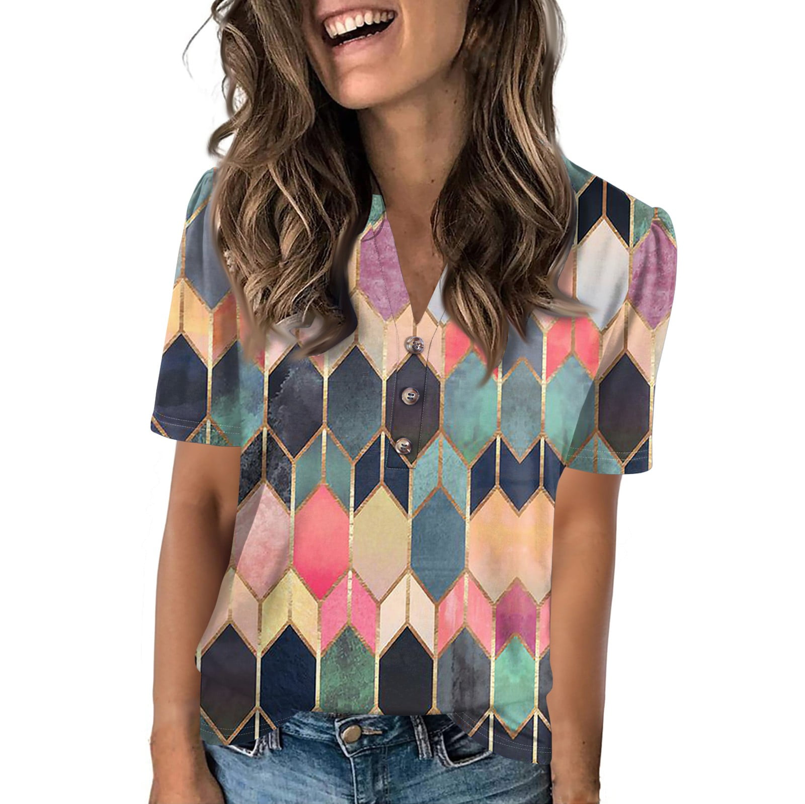BDPORKAS Womens Buttons V Neck Tops Casual Short Sleeve Basic Tee ...
