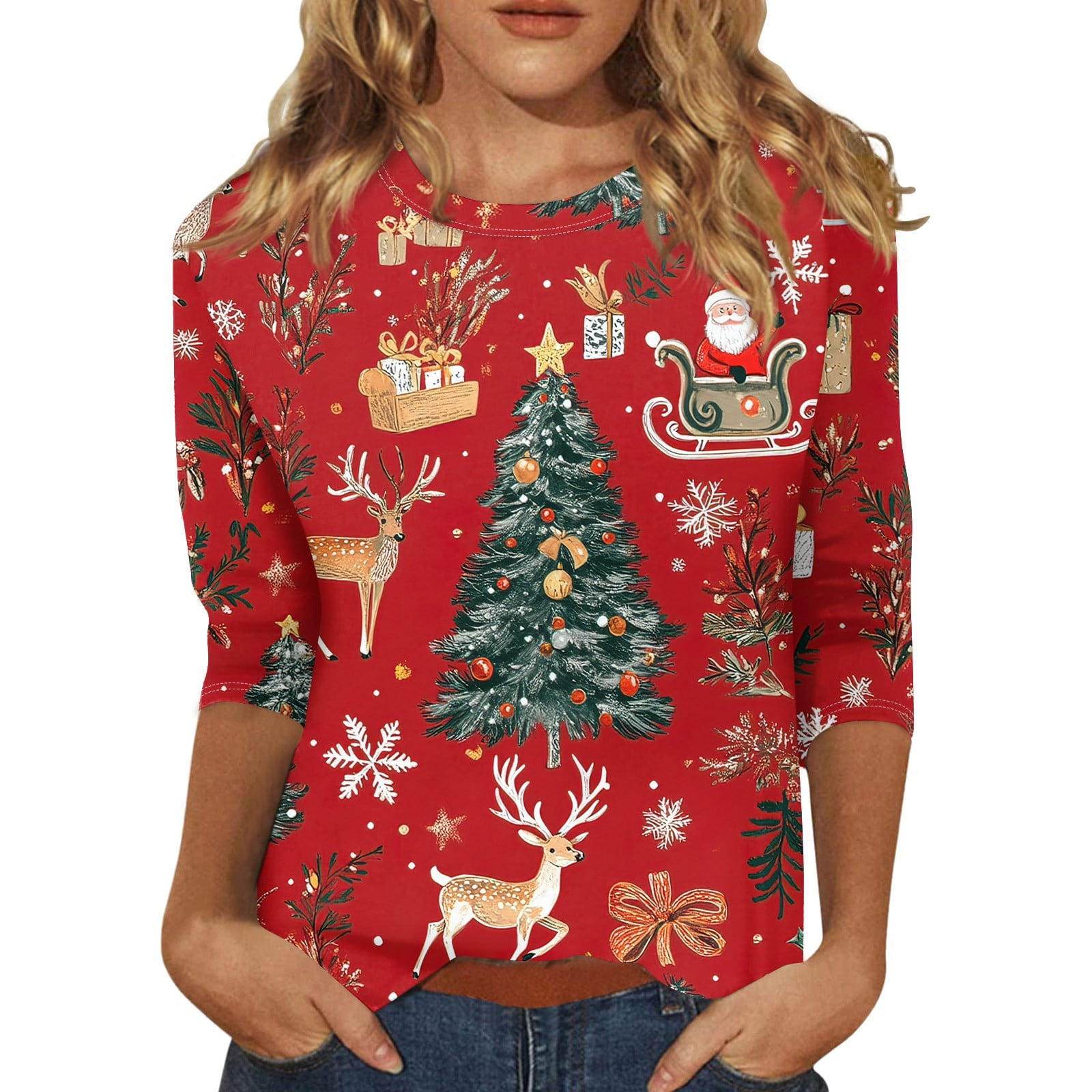 BDPORKAS Womens Christmas T-Shirts 3/4 Sleeve Christmas Tops for Women ...