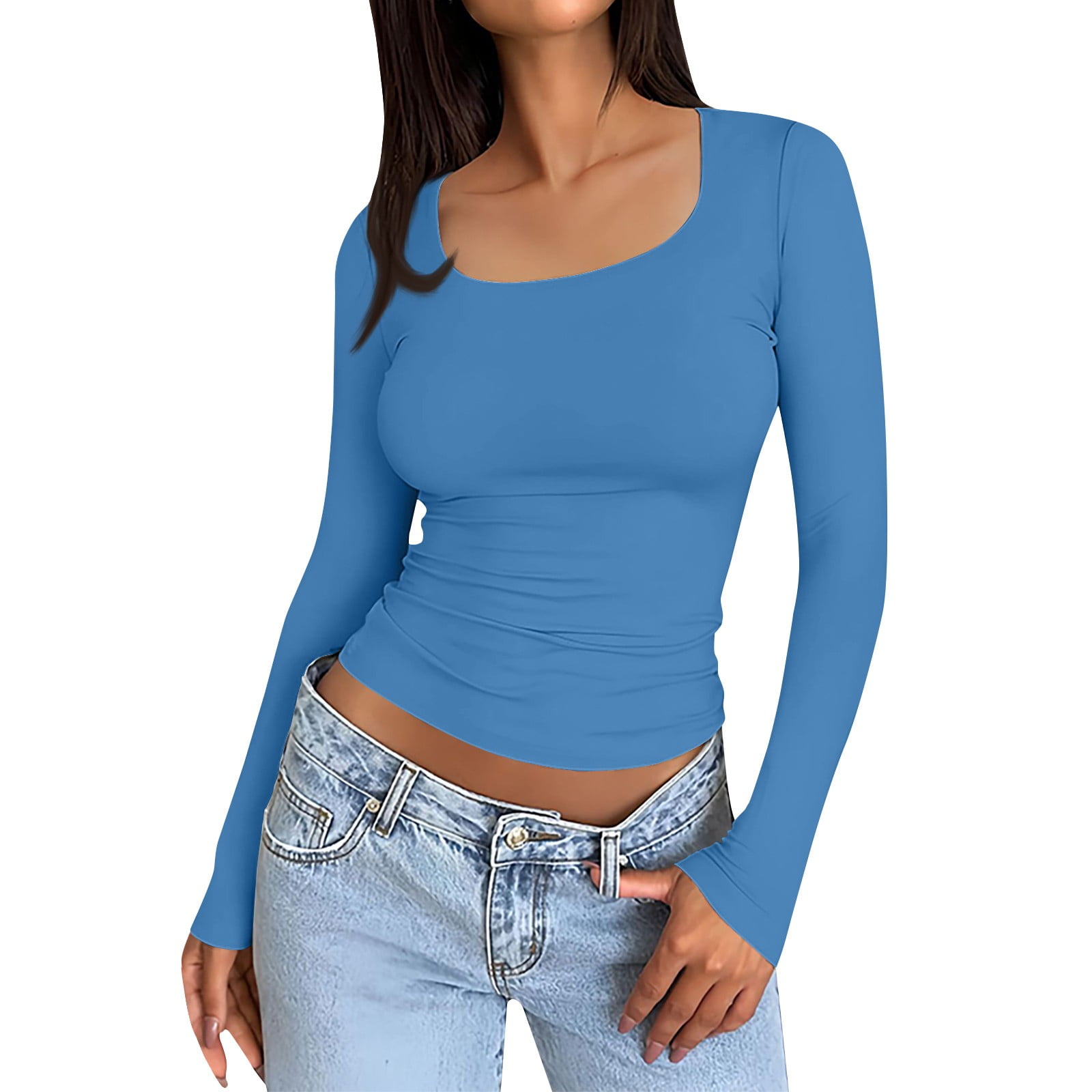 BDPORKAS Womens Long Sleeve Shirts Basic Spring Crop Tops Fall Fashion ...