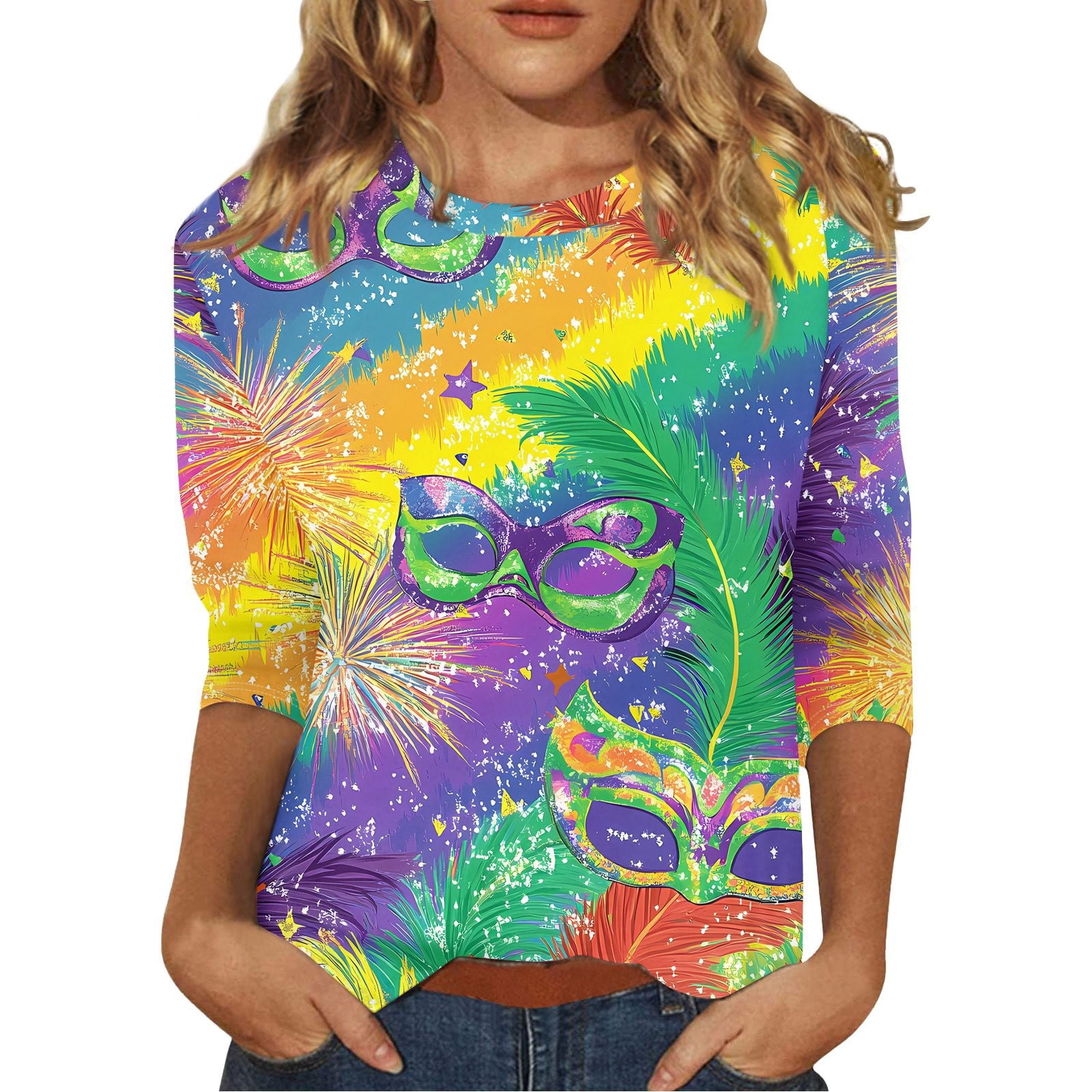 BDPORKAS Womens Mardi Gras Shirts 3/4 Length Sleeve Womens Tops Party ...