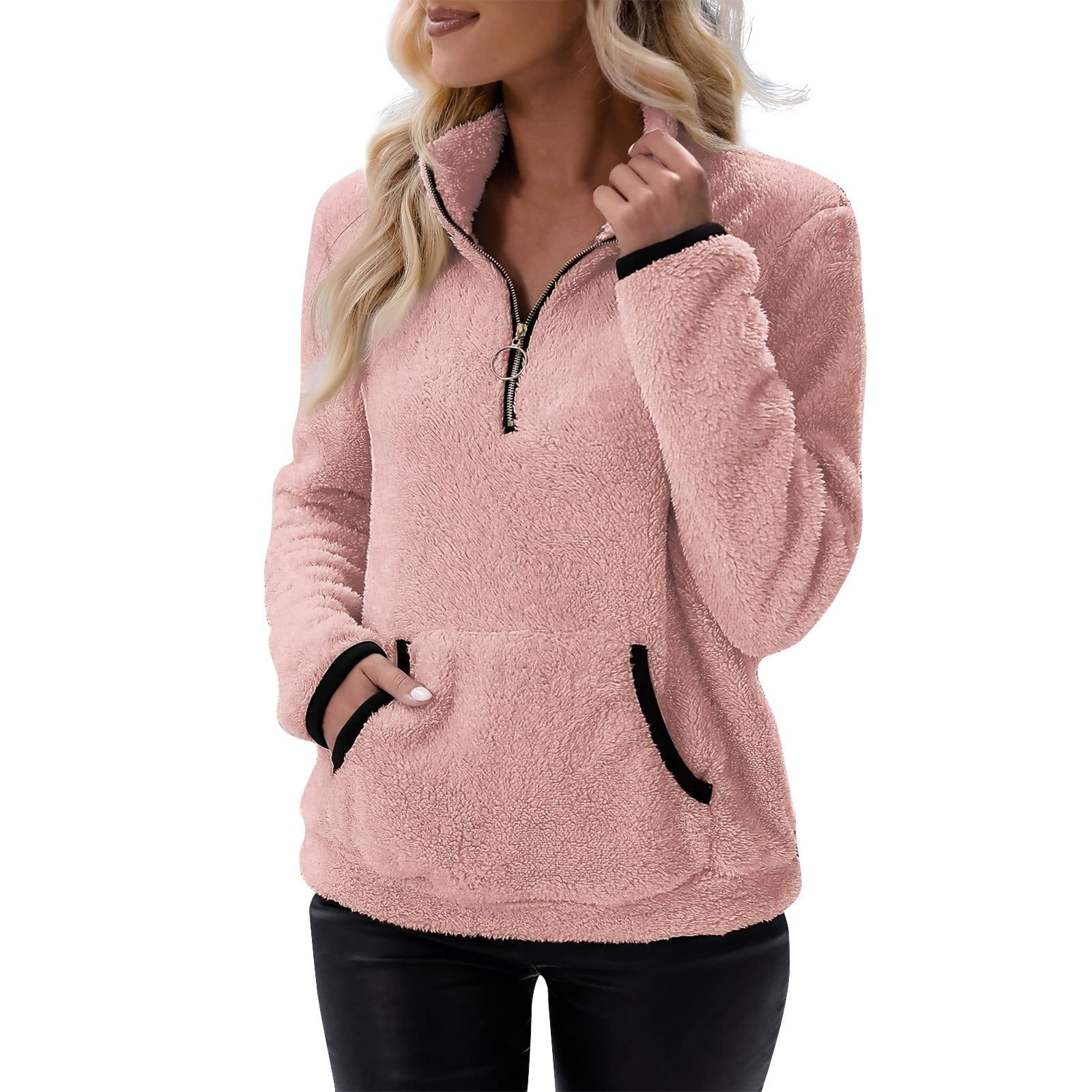 BDPORKAS Womens Sherpa Half Zip Sweatshirts Fuzzy Fleece Oversized Pullover Quarter Zip Up ...