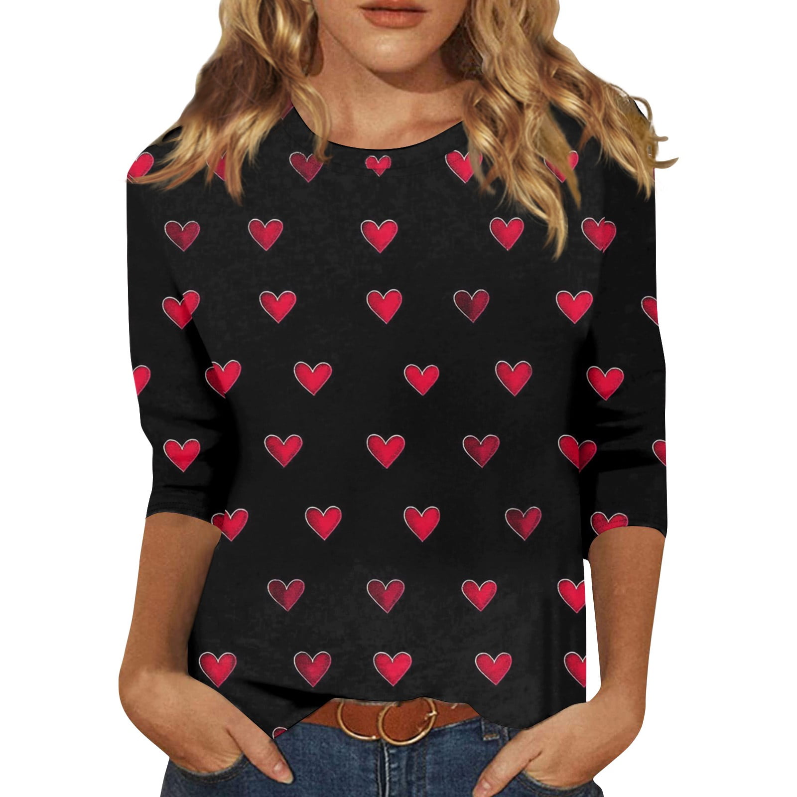 BDPORKAS Womens Tops 3/4 Sleeve Shirts Vintage Casual Shirt Love Heart Printed Valentines Day ...
