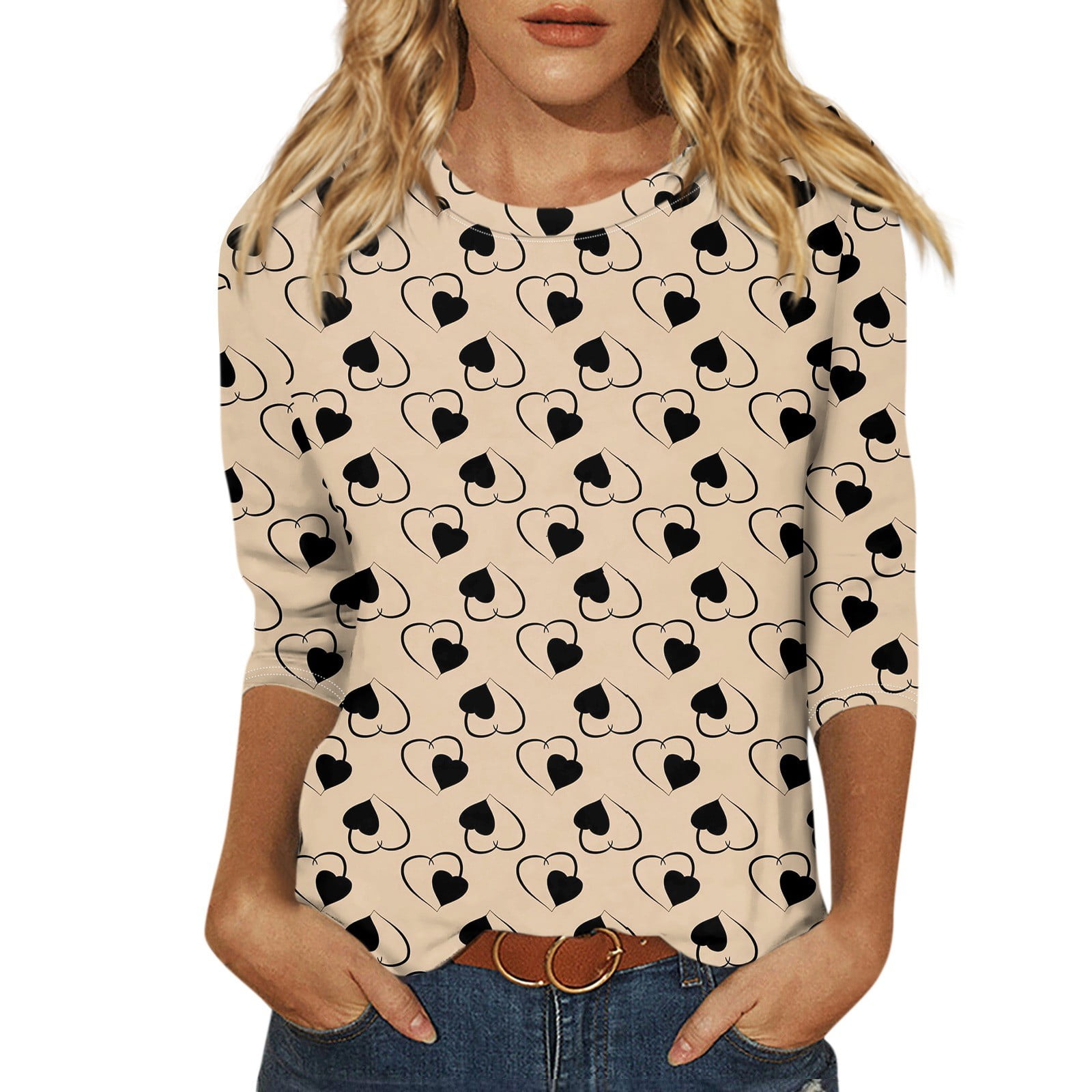 BDPORKAS Womens Valentines Day Shirt 3/4 Length Sleeve Womens Tops Graphic Print Heart Tshirts ...
