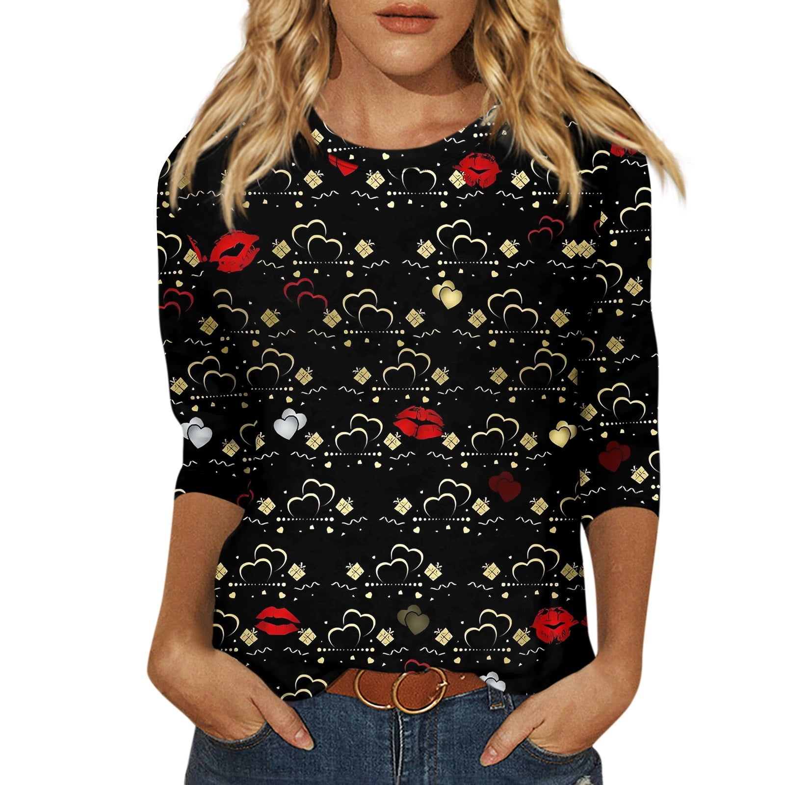 BDPORKAS Womens Valentines Day Shirt 3/4 Sleeve Tops Graphic Print Heart Tshirts Spring Fashion ...