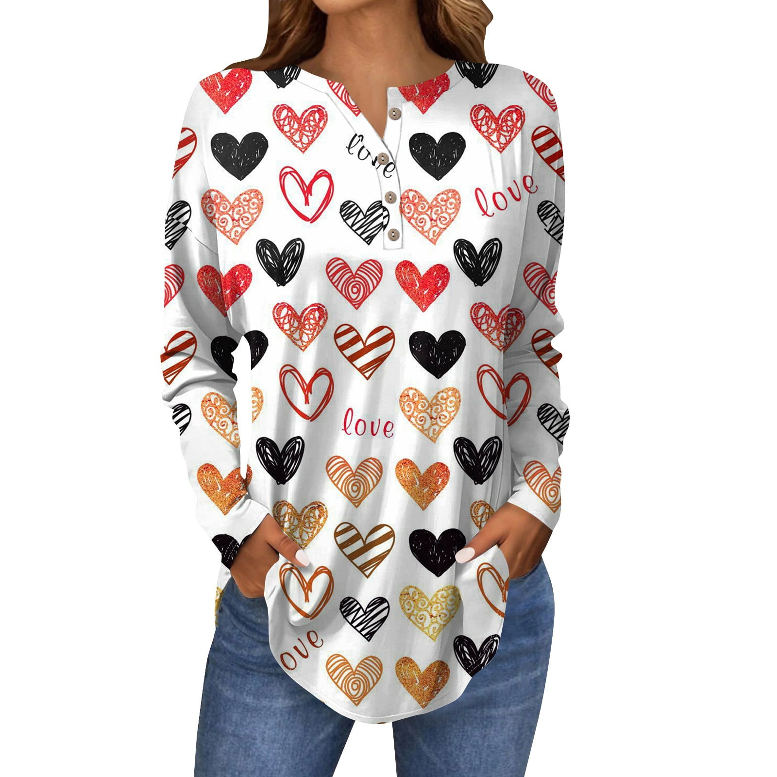 BDPORKAS Womens Valentines Day Shirt Long Sleeve Shirts for Women Cute Heart Graphic Loose ...