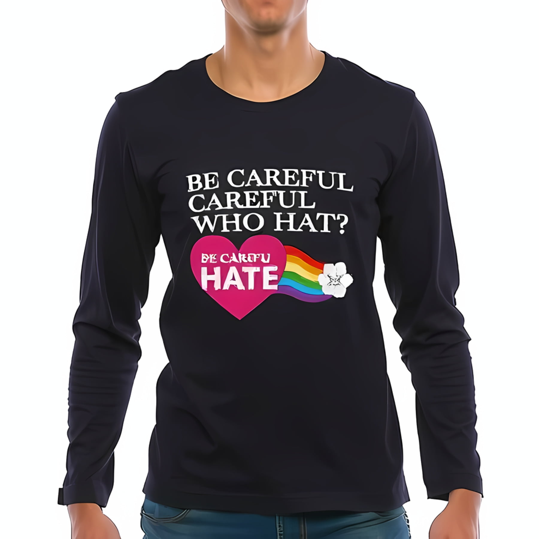 BE CAREFUL Who HAT? Long Sleeve T-Shirt - Bold Text Rainbow & Heart ...