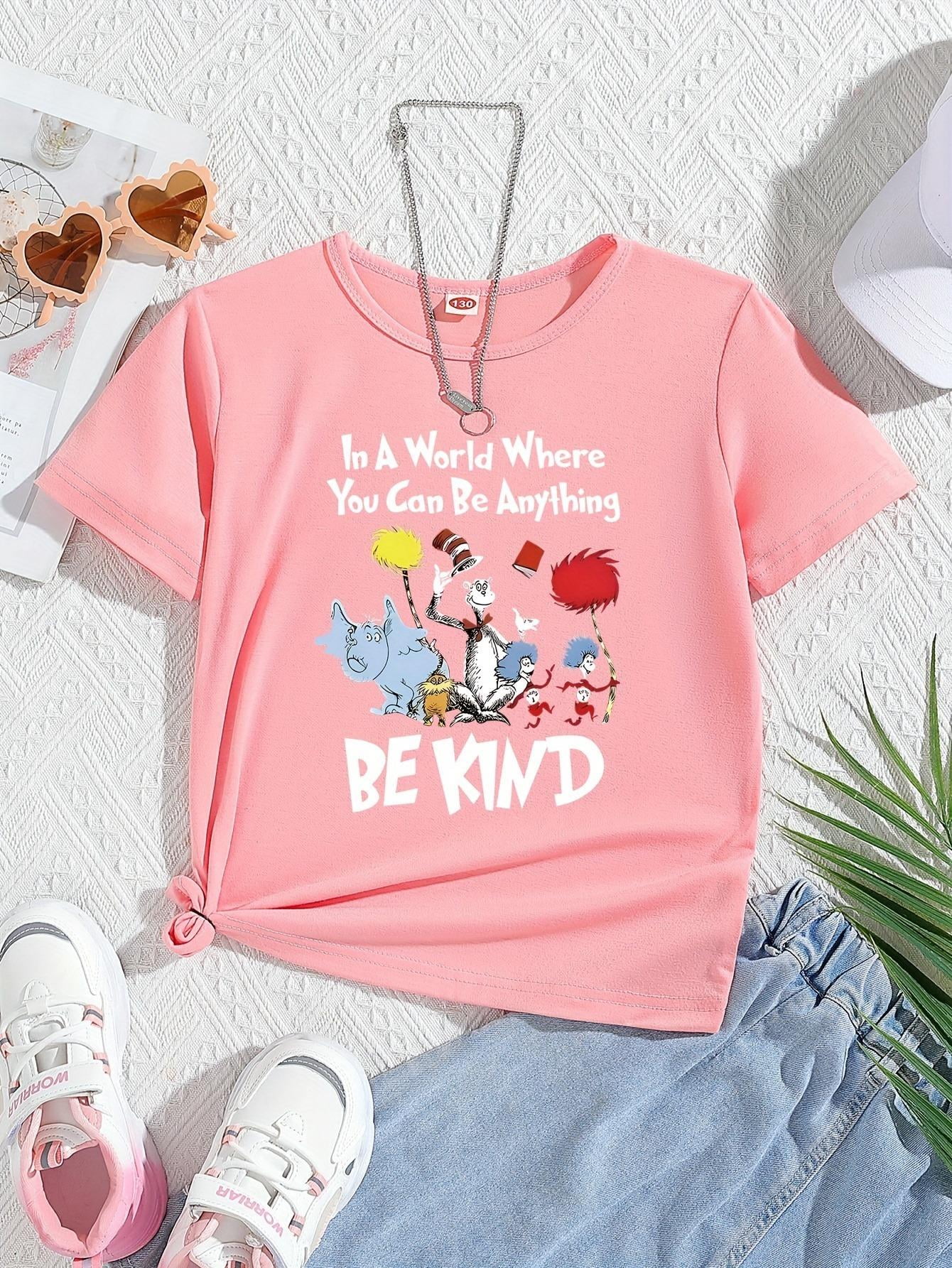 BE KIND & Cartoon Animals Graphic Print, Girls' Casual & Comfy Crew ...