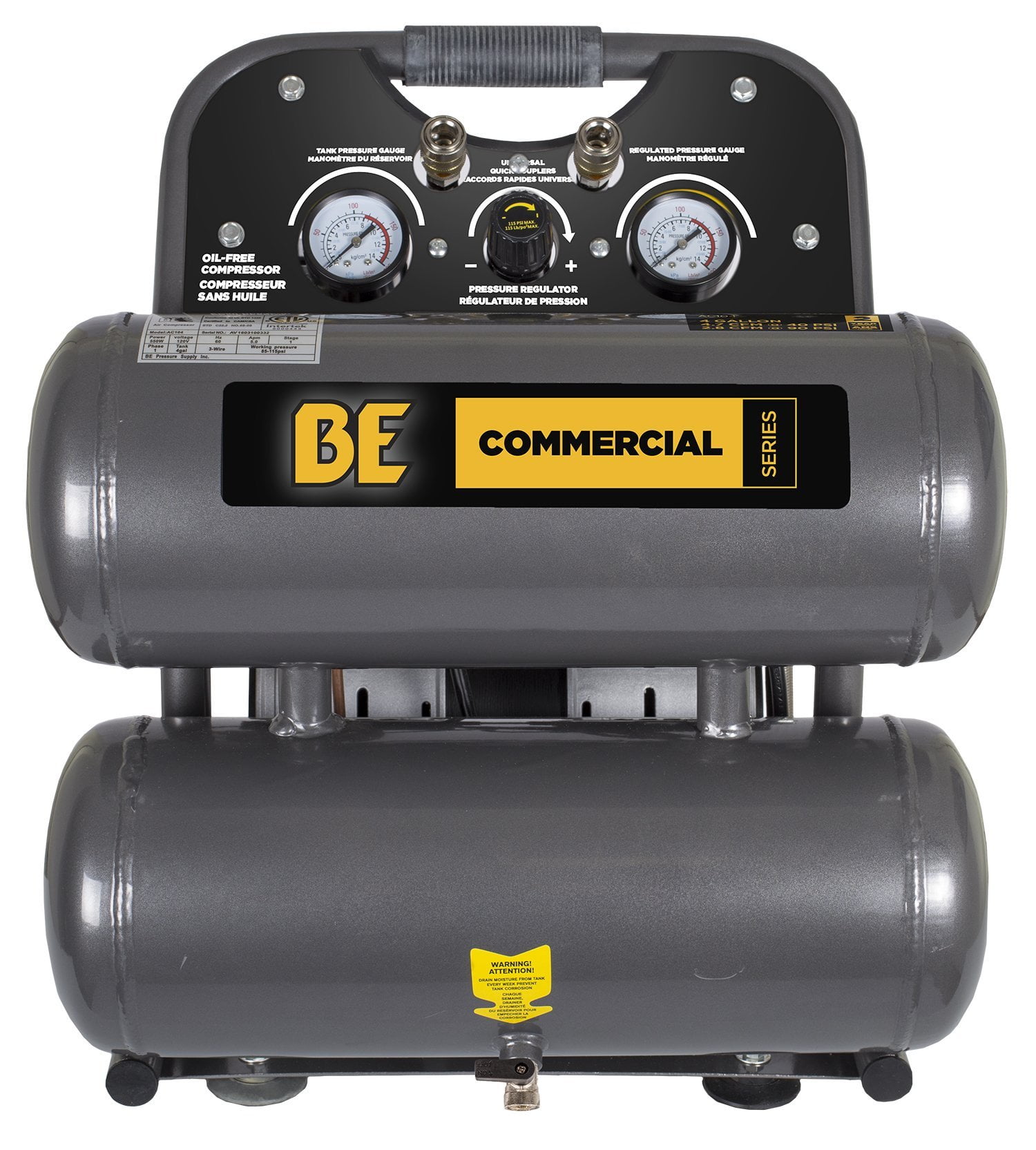 BE PRESSURE AC104 Compressor Air 4G 1Hp Quiet Oil Free 120V/60HZ 125PSI ...