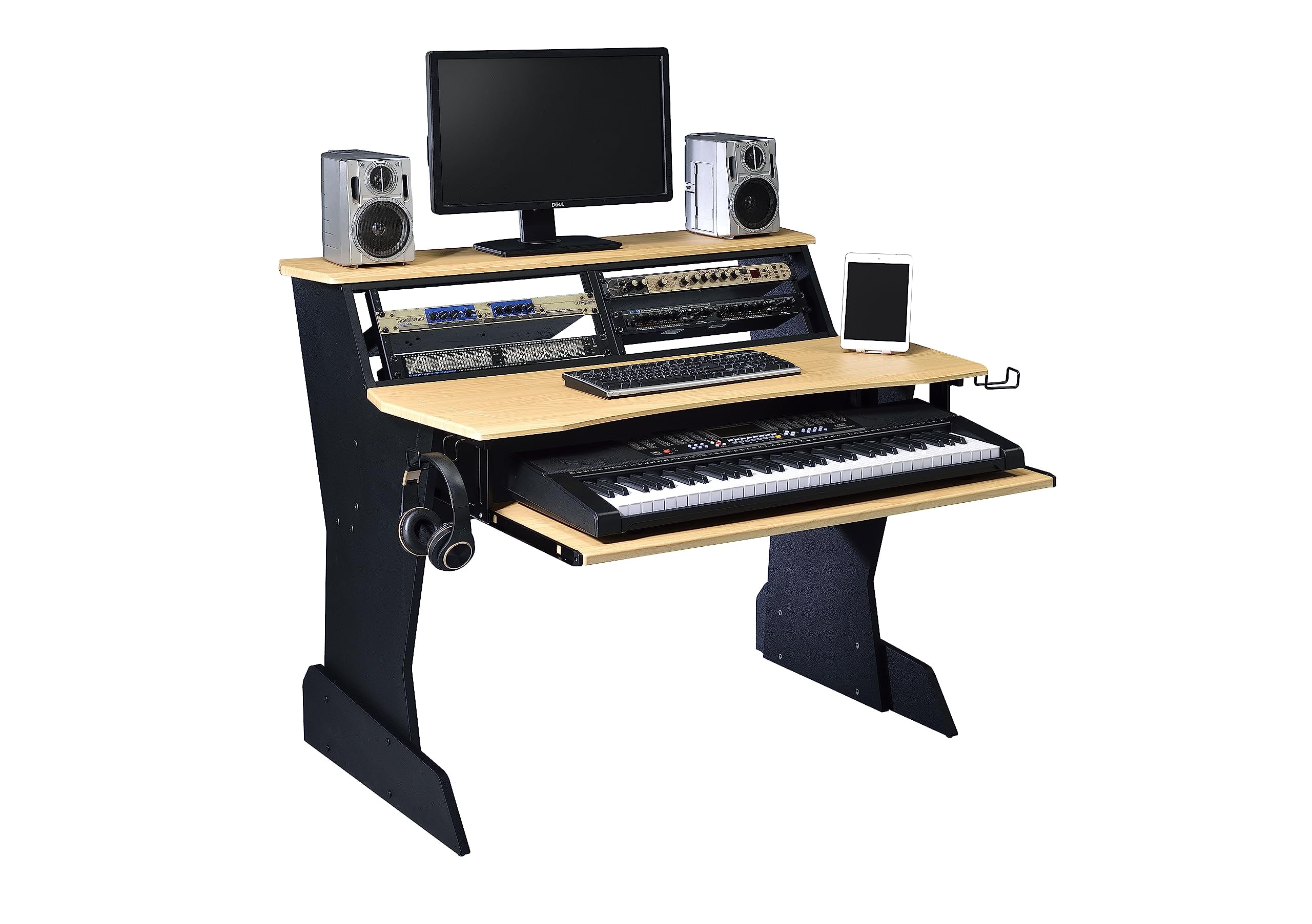 BE200 Series Studio Desk Workstation with Dual 4U Racks, 61-Key Keyboard Tray, Velcro Cable ...