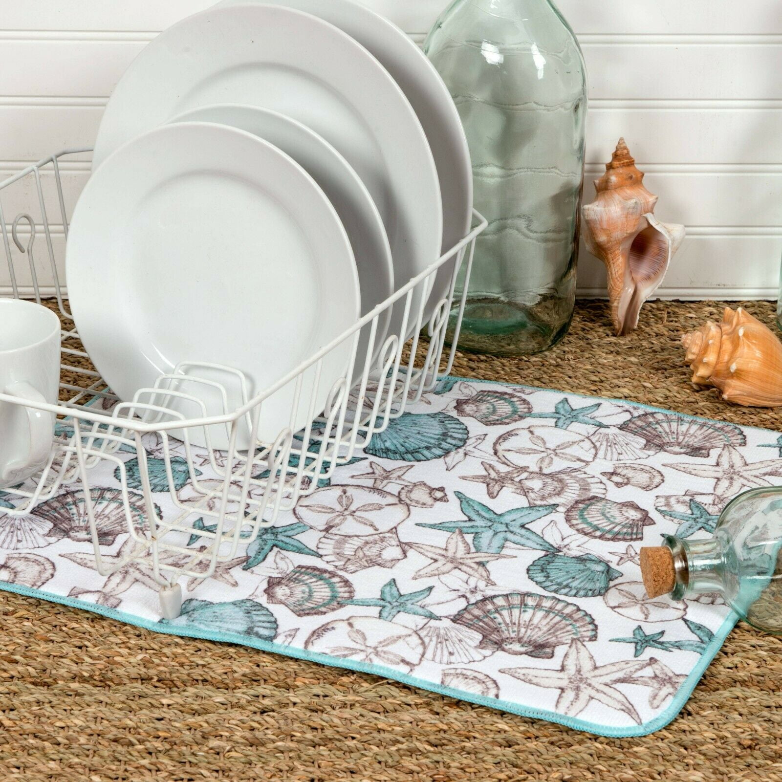 BEACHCOMBER Seashells Countertop Dish Drying Mat, Machine Washable by ...