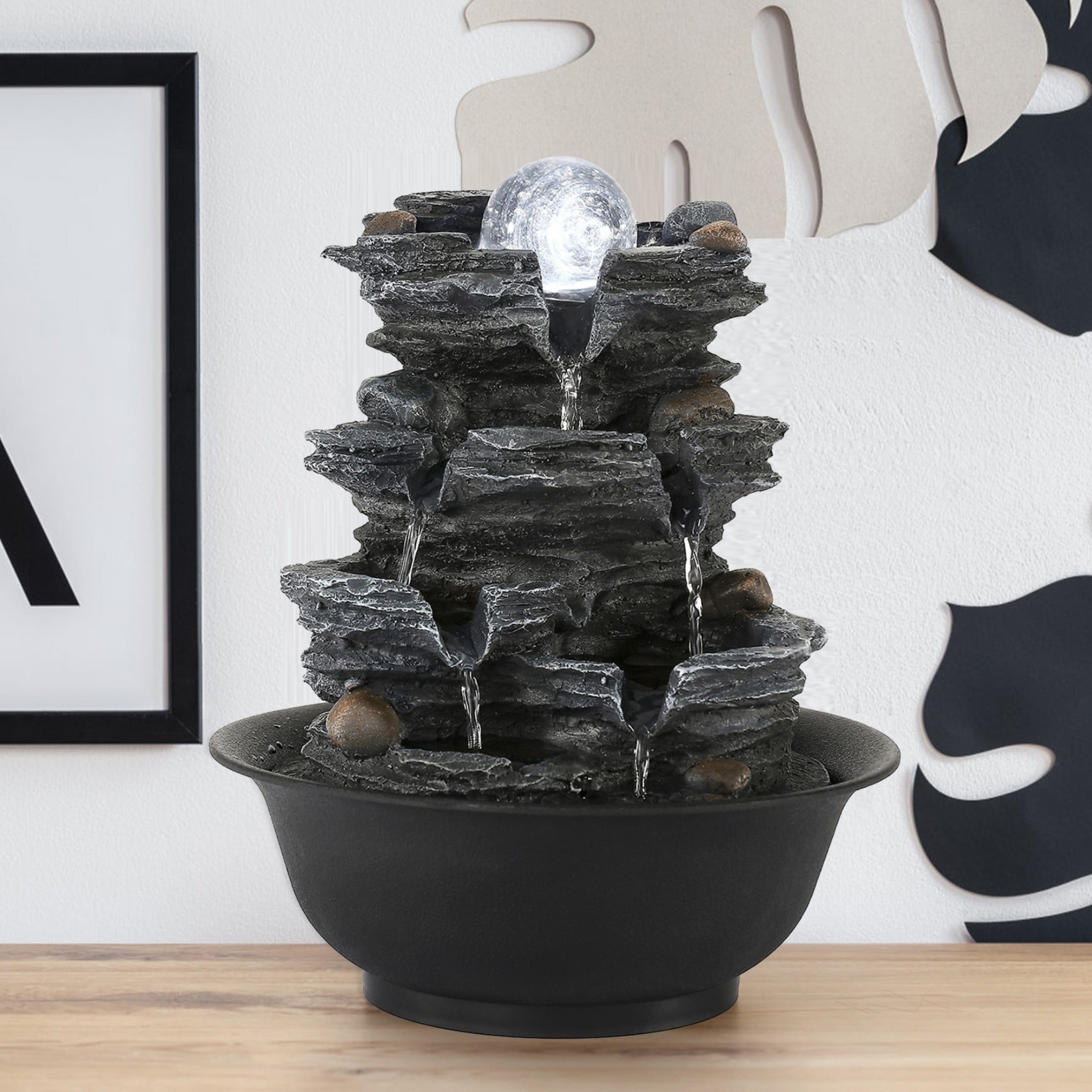 "BEAMNOVA Indoor Modern 10.2""H 3-Tier Resin Rockery Waterfall Fountain with Rolling Ball & LED ...