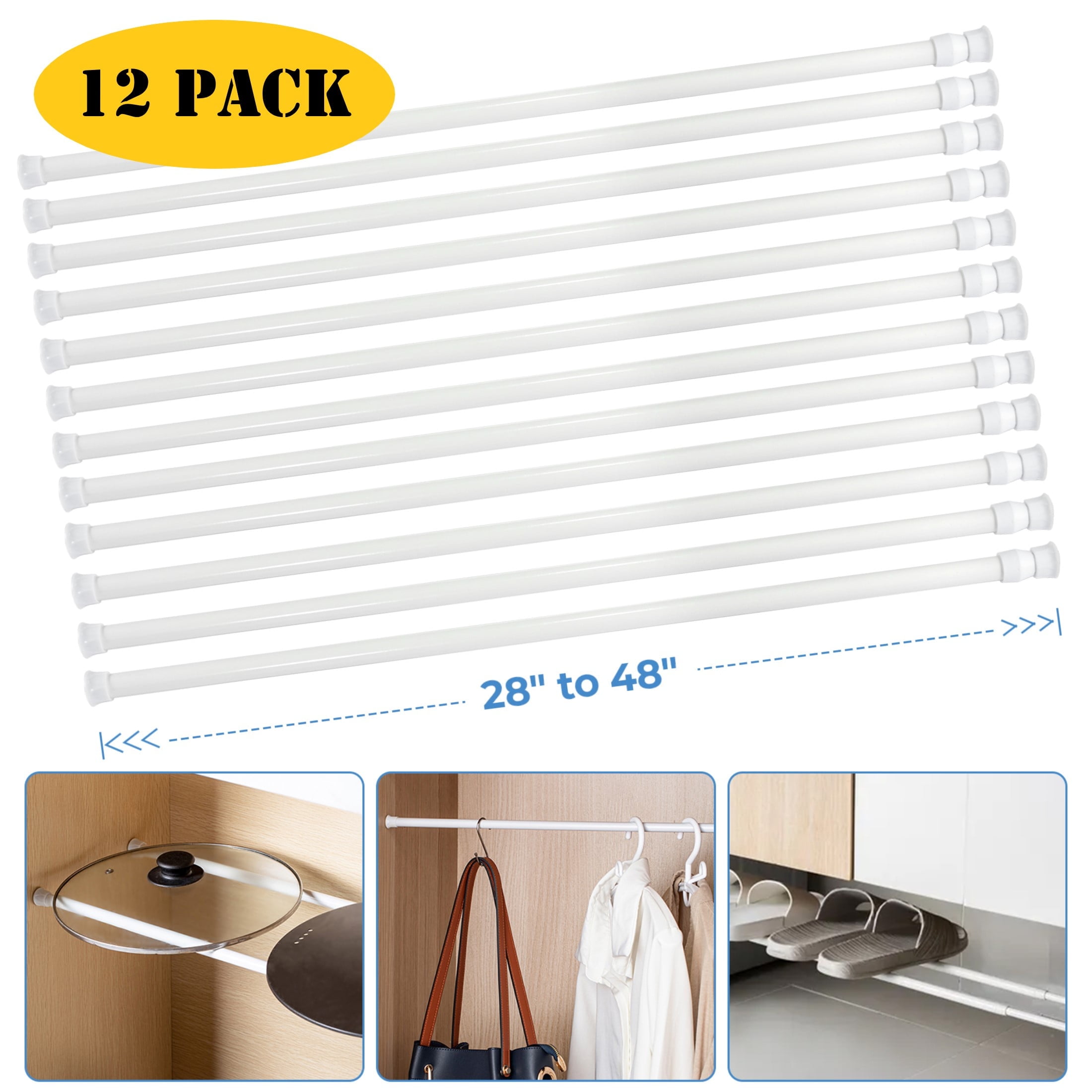 BEAMNOVA 12Pcs Tension Curtain Rod for Windows Cabinet Wardrobe Closet 28"-48" Adjustable, 1/2 ...