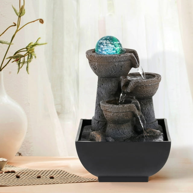 BEAMNOVA 7.9"H Indoor Tabletop Fountain with Rolling Ball & LED Light, Small Resin Waterfall ...