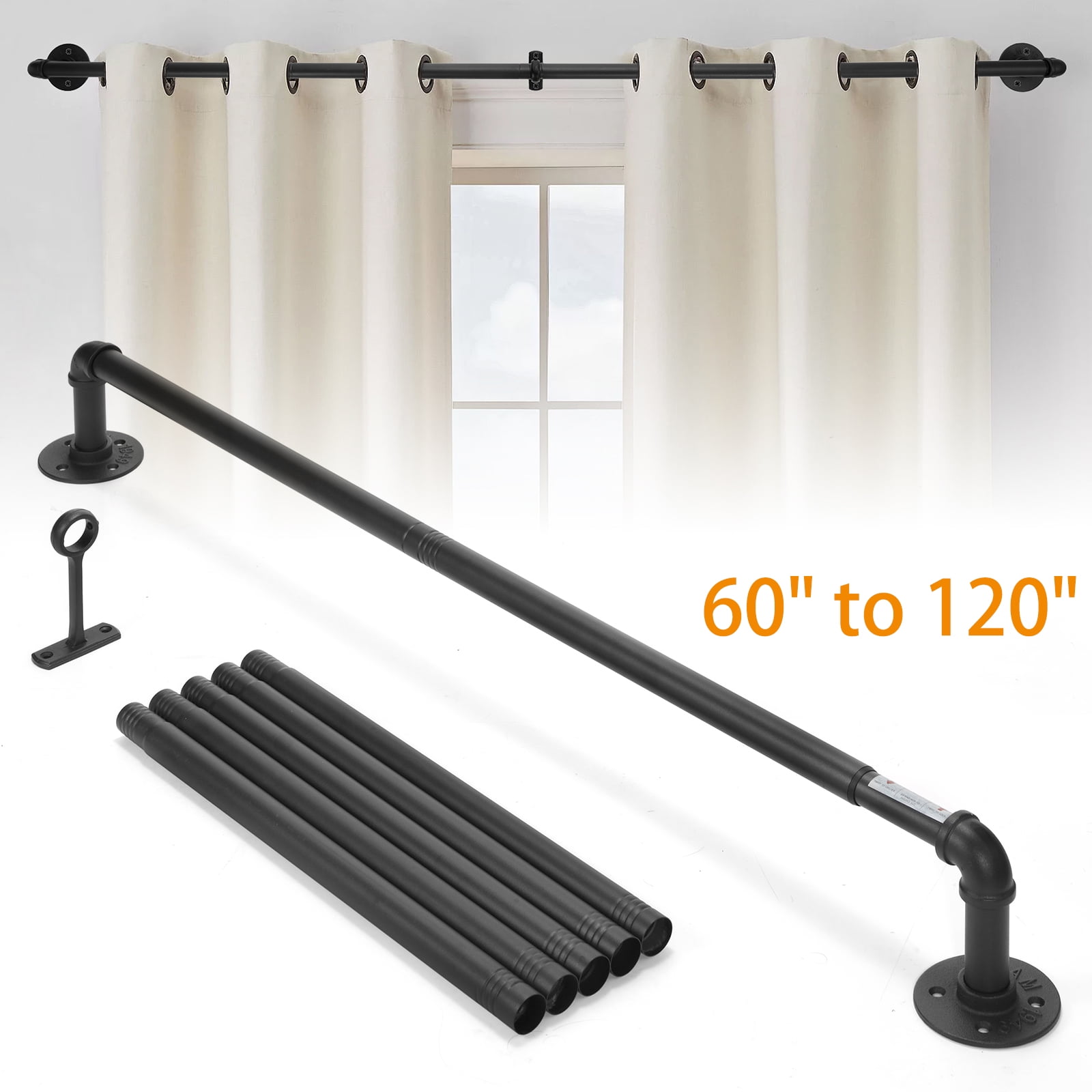 BEAMNOVA Industrial Pipe Style 60"-120" L Adjustable Tension Rod, Wall Mounted Heavy Duty Metal ...
