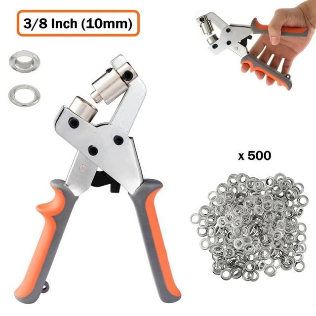 BEAMNOVA Handheld Grommet Tool Kit, Manual Press with 500 Silver Grommets, 3/8 Inch Hole Punch ...