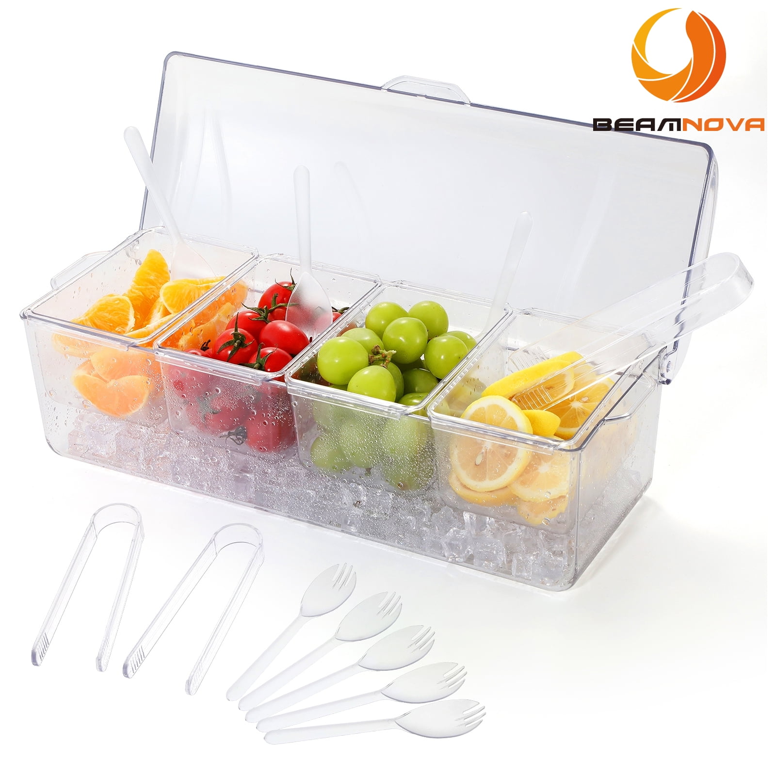 BEAMNOVA Ice Chilled Condiment Server with Lid 4 Removable Compartment ...