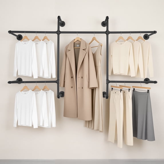 BEAMNOVA Industrial Pipe Clothes Rack, Wall Mounted Heavy Duty Iron ...