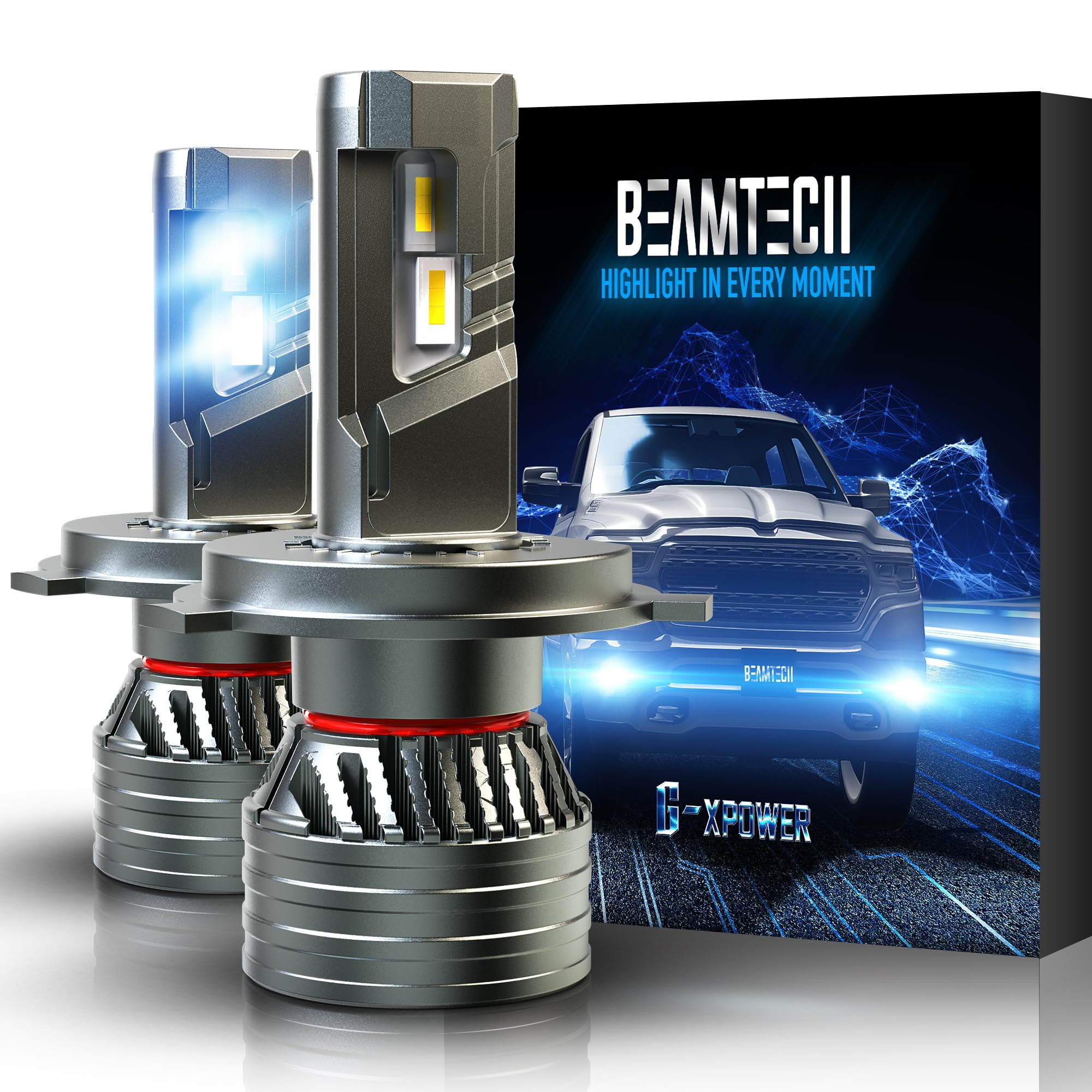 BEAMTECH H4 Fog Light Bulbs, 9003 Bulb 6500K White G-XP Chips High Brightness Plug and Play of 2 ...