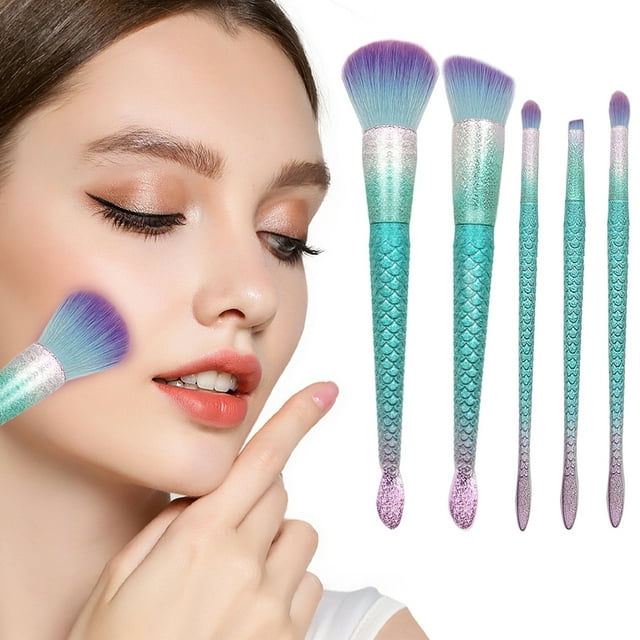 BEASOFEE Mermaid Make up Brushes Set With Cosmetic Bag,Powder Foundation Brush and Eye Brush ...