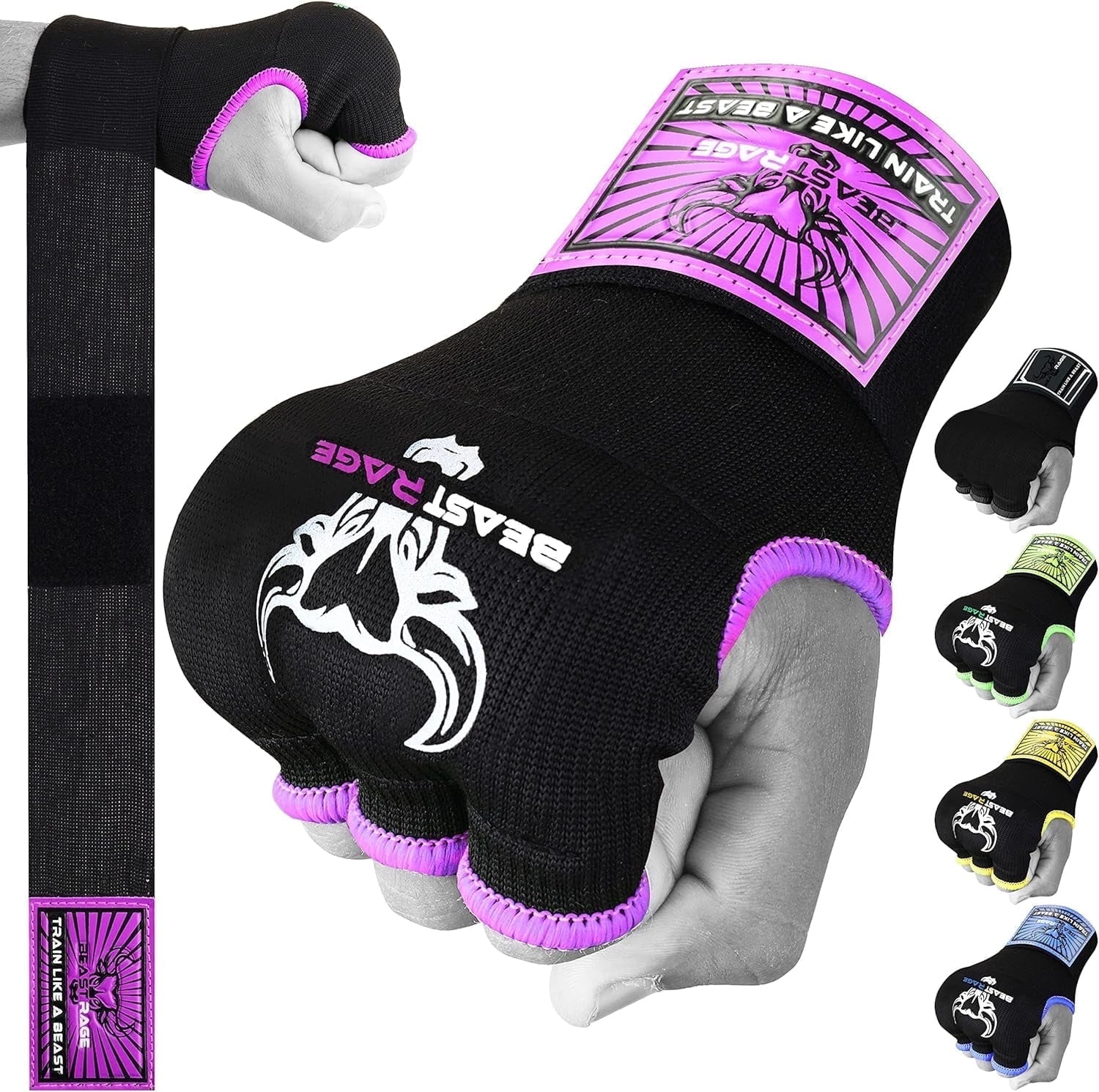"BEAST RAGE Boxing Wraps Hand Gel Gloves MMA 75cm Long Wrap Padded ...