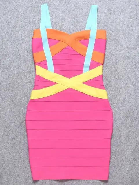 Beaukey Multi Luxury Sexy Criss Cross Bandage Dress 2023 Spring Contrast Binding Rose Pink