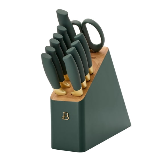 Beautiful 12 Piece Thyme Green and Gold Knife Block Set with Soft-Grip ...