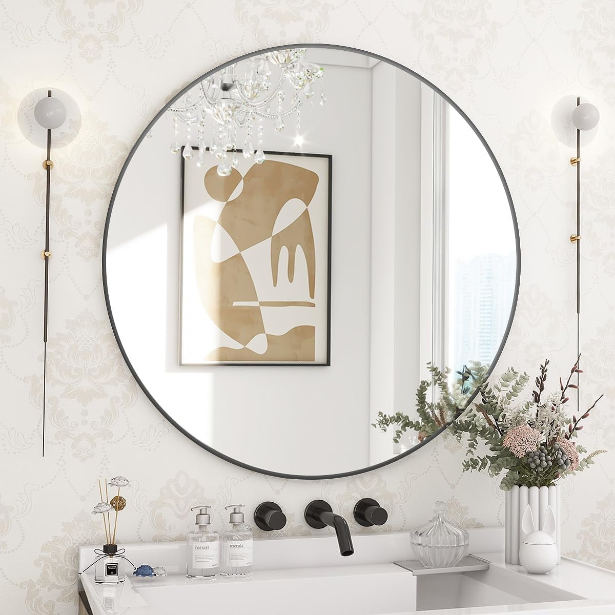 BEAUTYPEAK 24 Inch Round Mirror, Metal Frame Circle Mirror, Wall ...