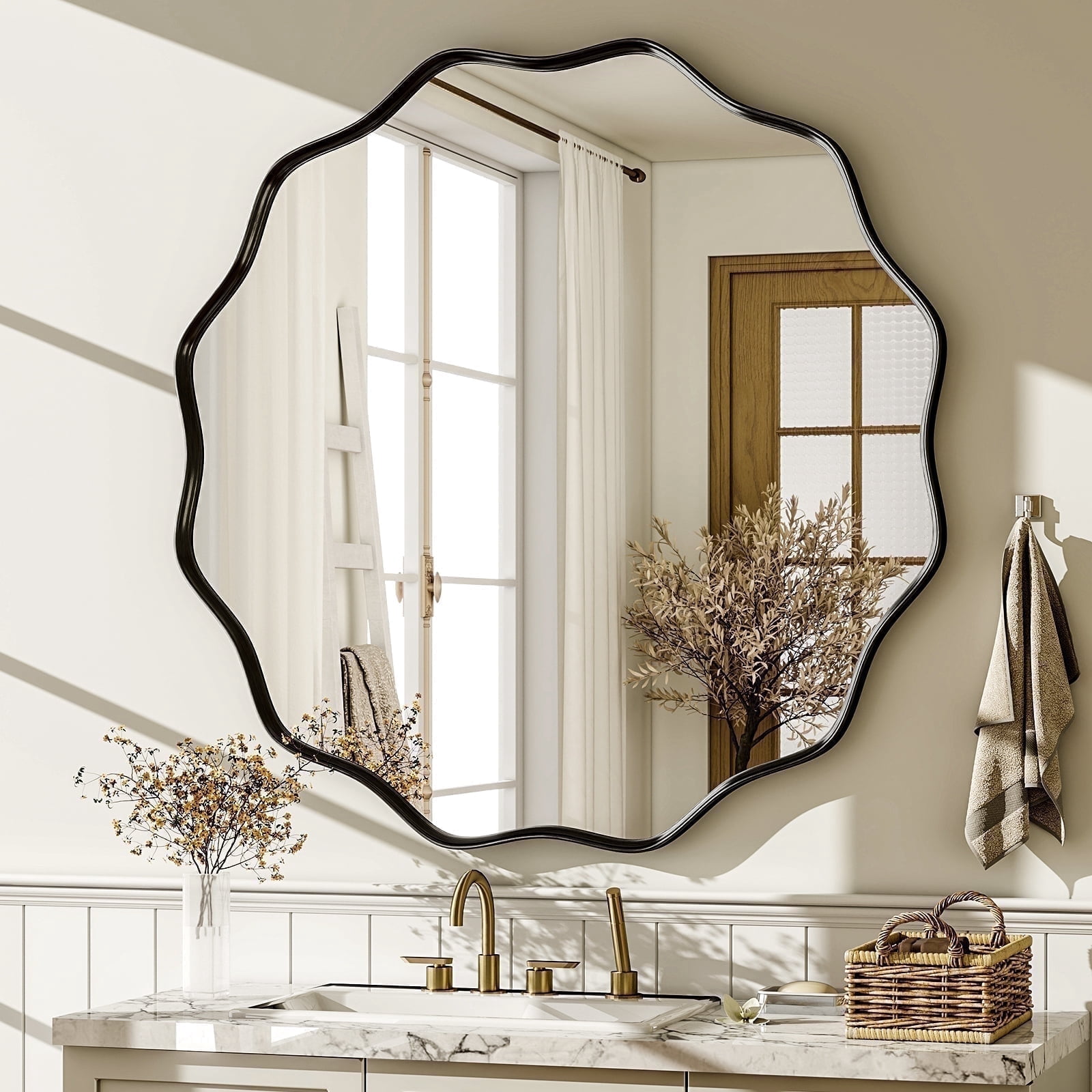 BEAUTYPEAK 30" Wavy Round Bathroom Mirror Wall Decor with Deep Frame ...