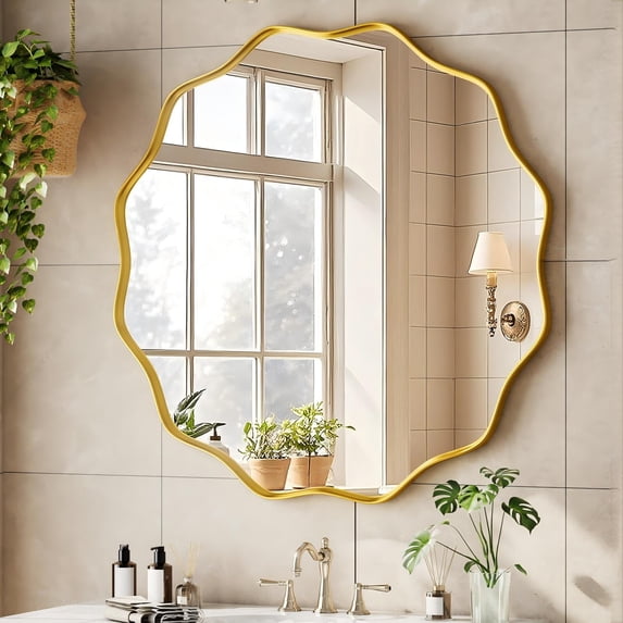 BEAUTYPEAK 30" Wavy Round Bathroom Mirror Wall Decor with Deep Frame ...