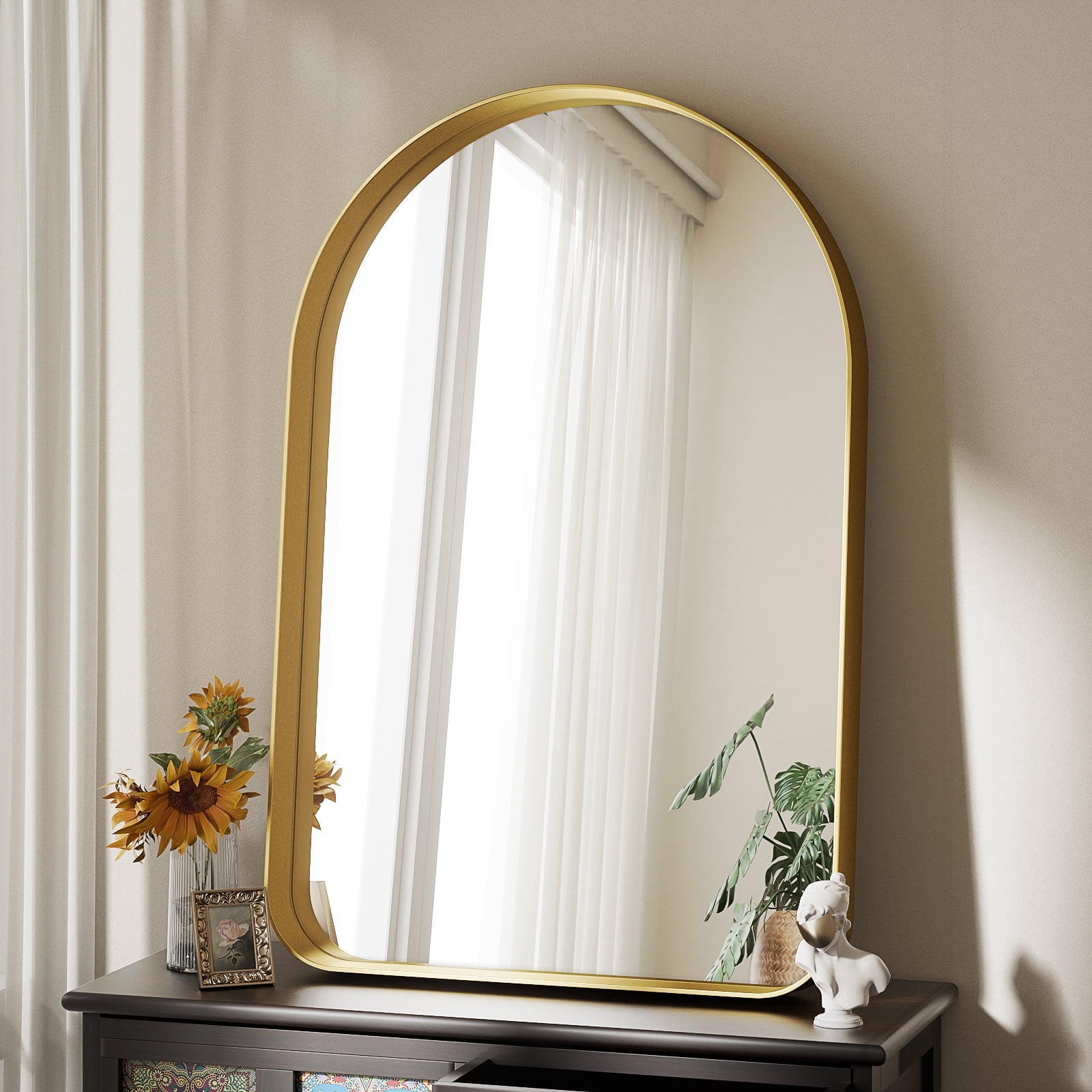 BEAUTYPEAK 38"x26" Arched Bathroom Vanity Mirror With Deep Frame, Gold ...